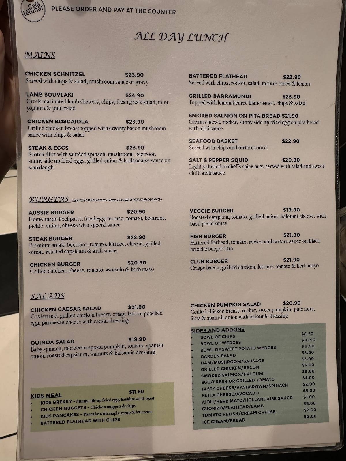Menu at Cafe Lelunar, Epping