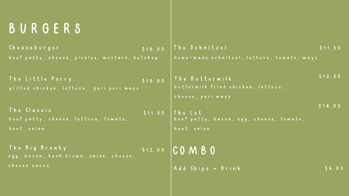 Menu at Little Perry cafe, Matraville