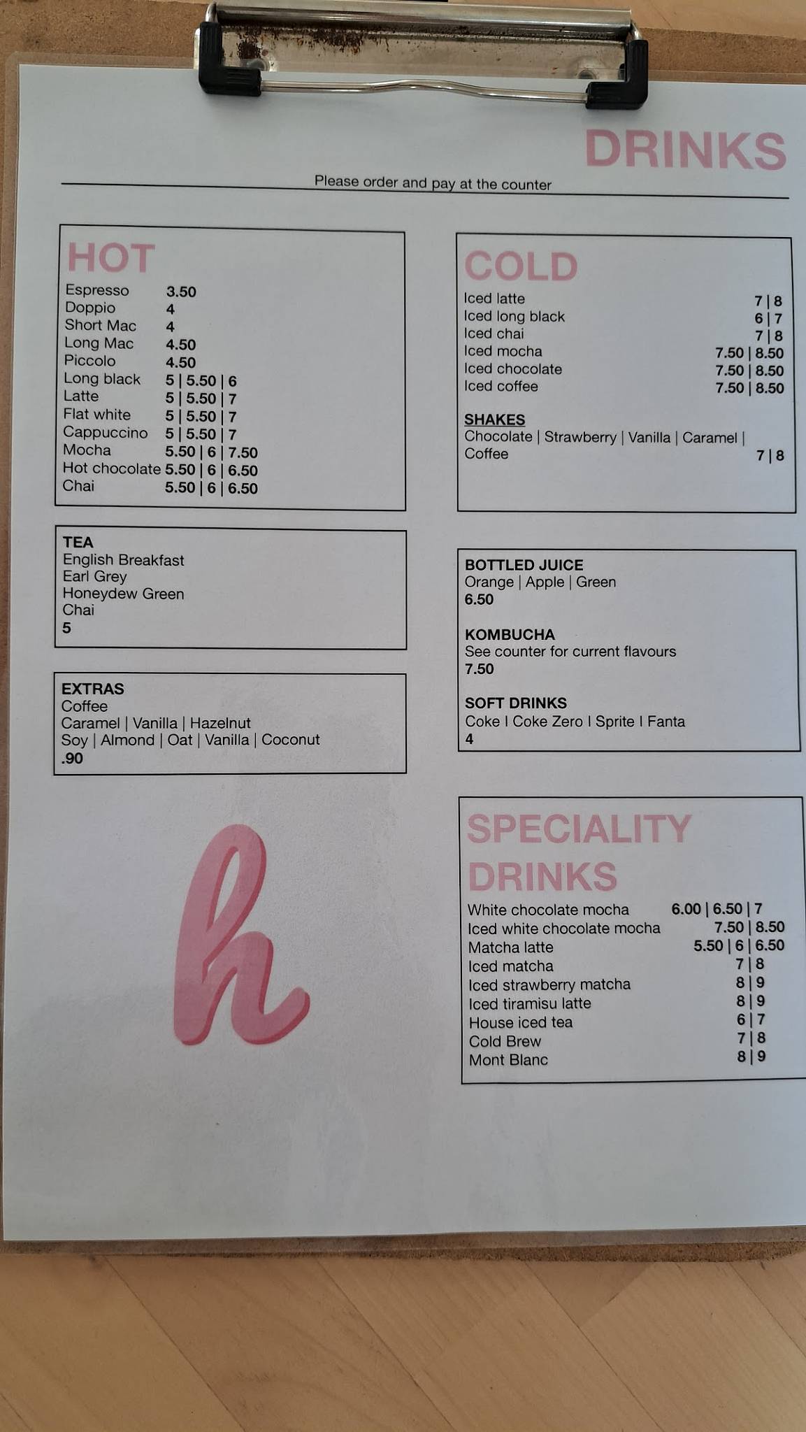 Menu at Little h Cafe, Australia