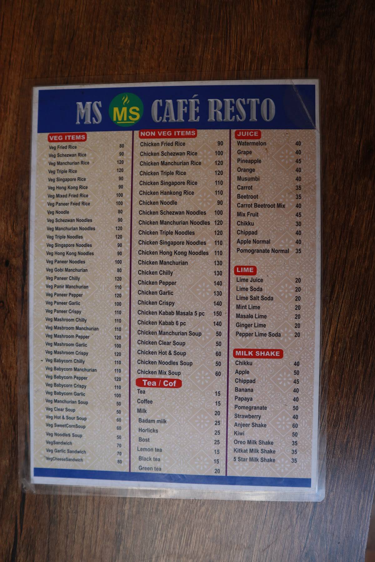 Menu at MS CAFE, Mangaluru