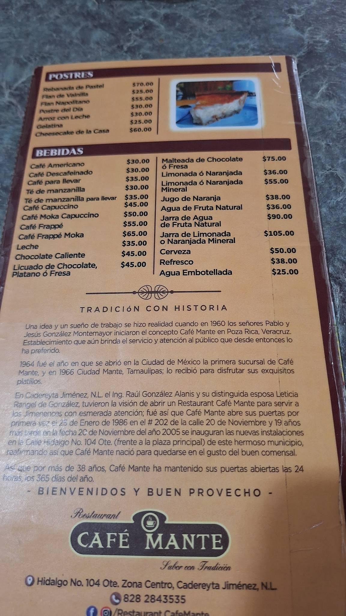 Carta de Restaurant Café Mante, Cadereyta Jiménez