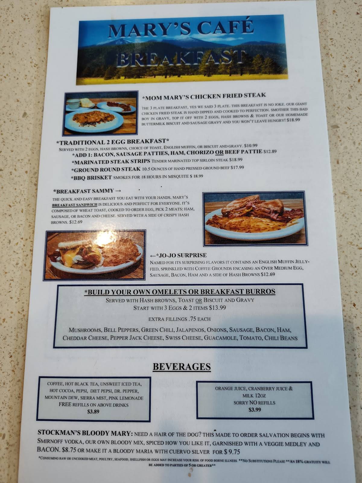 Menu at Mary's Cafe, Flagstaff, US-89
