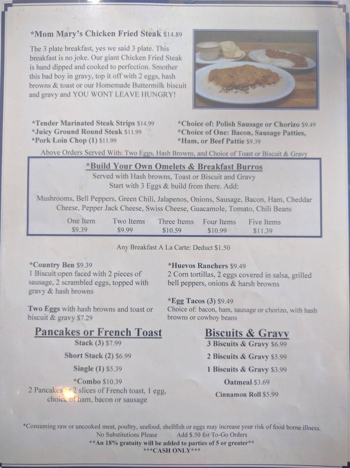 Menu at Mary's Cafe, Flagstaff, US-89