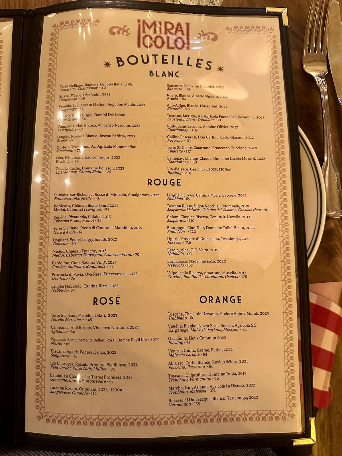 Menu au Café Miracolo, Montréal
