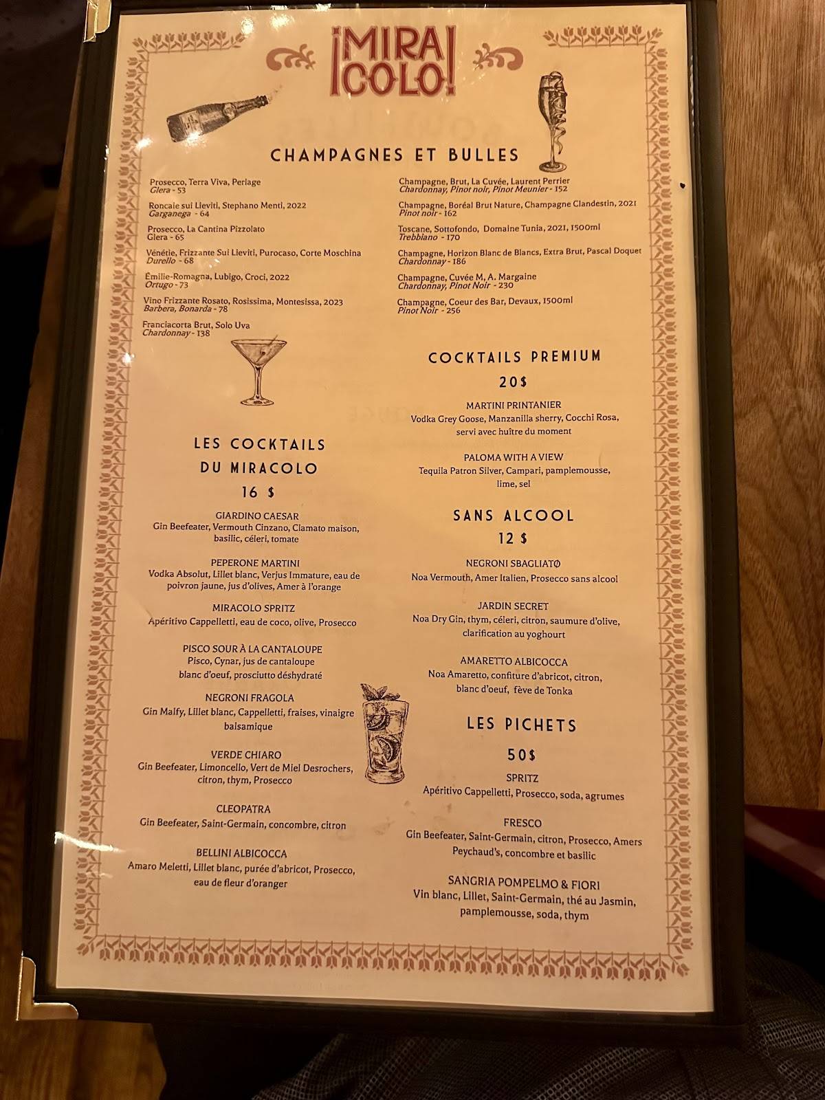 Menu au Café Miracolo, Montréal