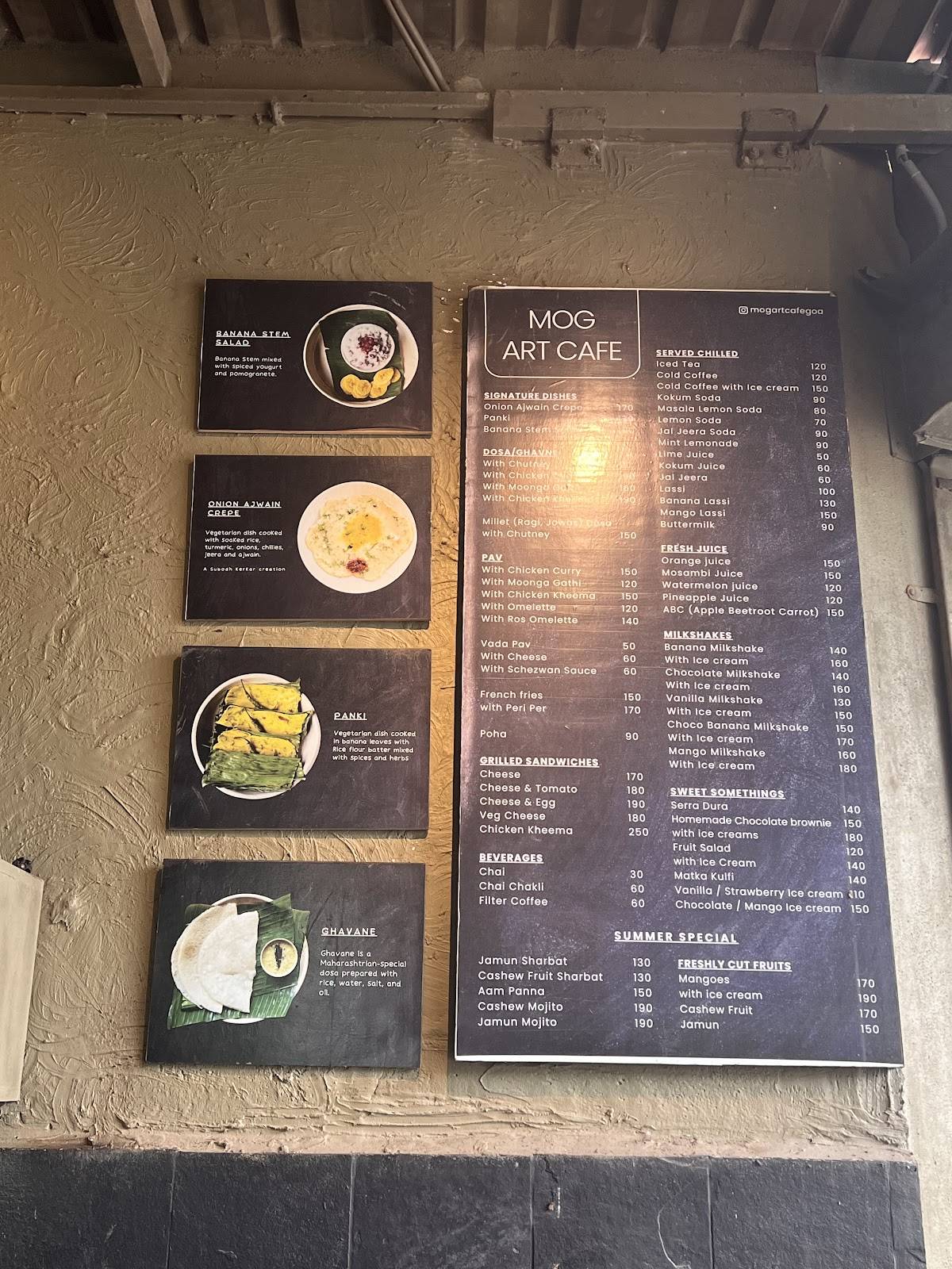 Menu at Mog Art Cafe, Panaji