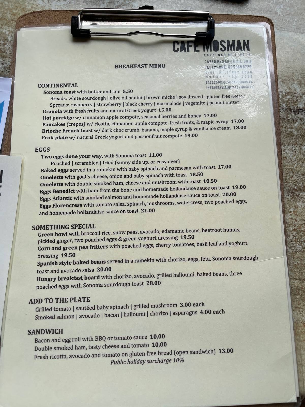 Menu at Cafe Mosman, Mosman, 6/611 Military Rd
