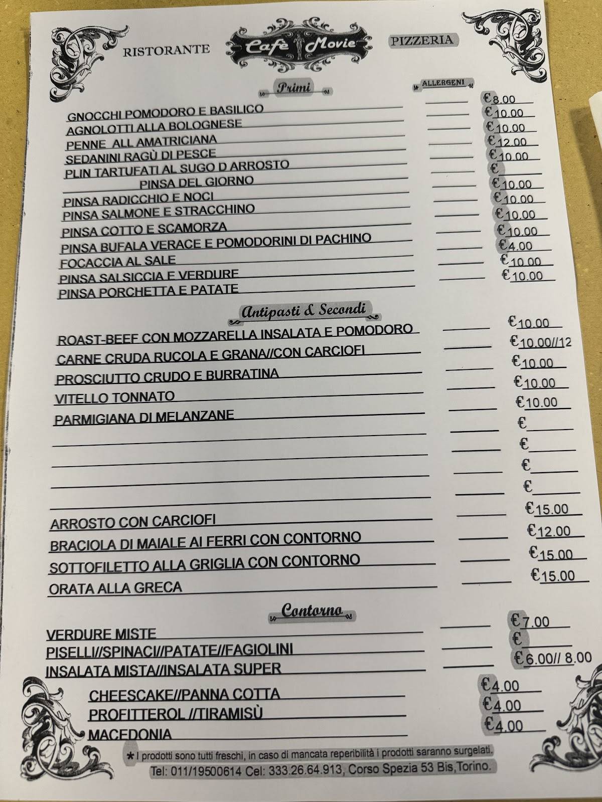 Menu da Cafe Movie, Torino