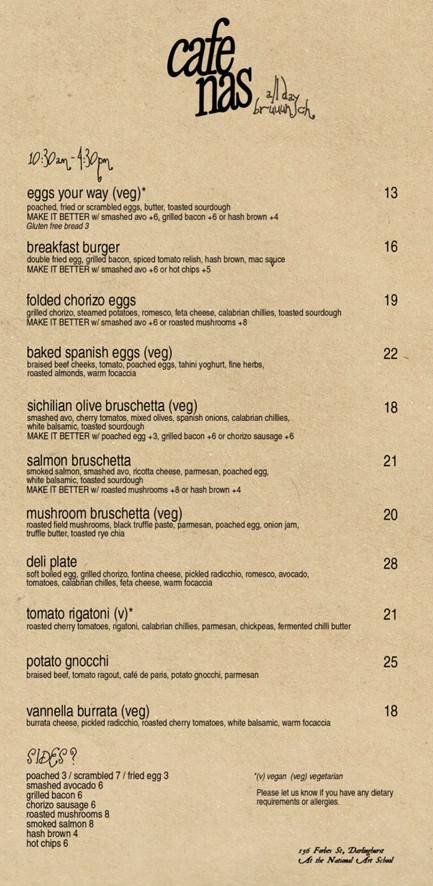 Menu at Cafe NAS, Darlinghurst