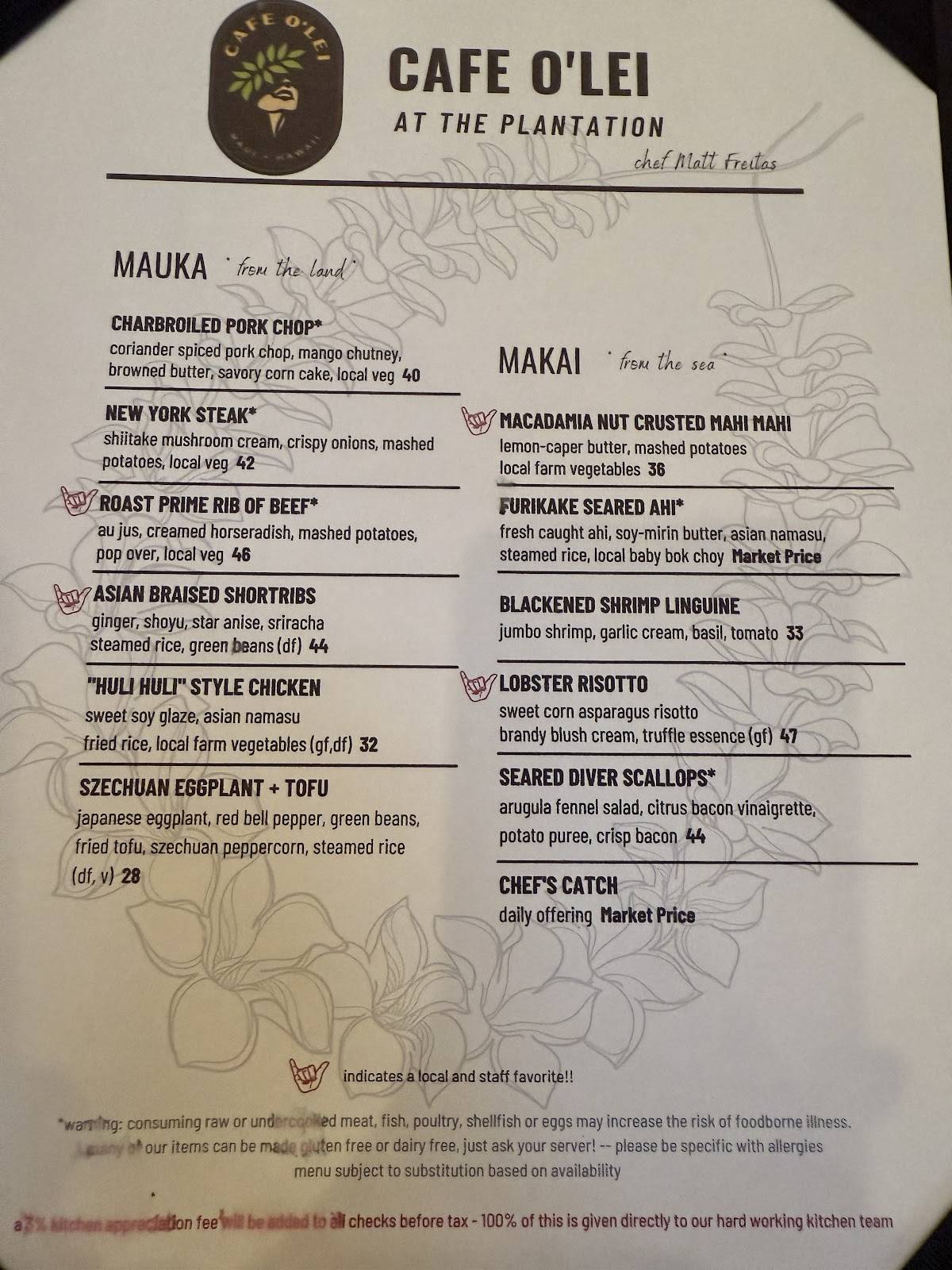 Menu at Cafe O'Lei at the Plantation, Wailuku, HI-30