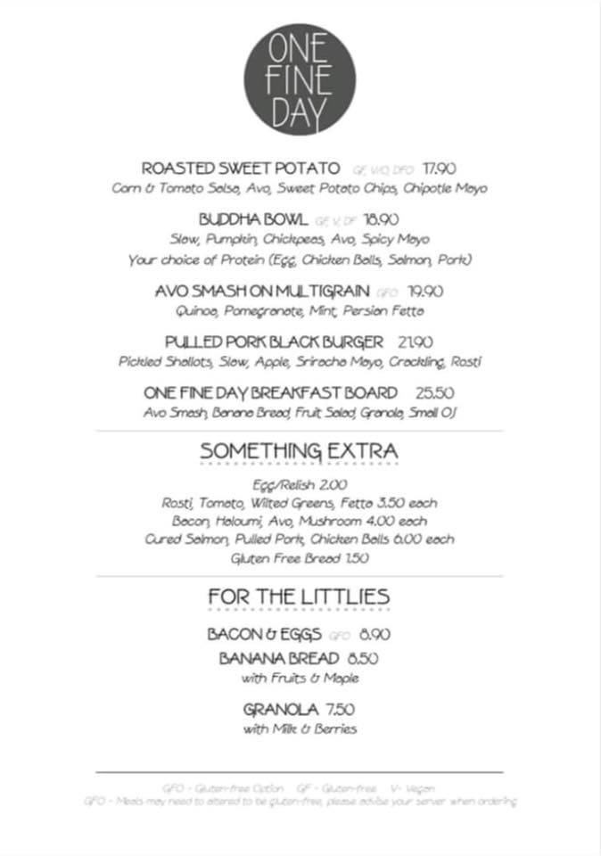 Menu at One Fine Day Cafe, Beaconsfield