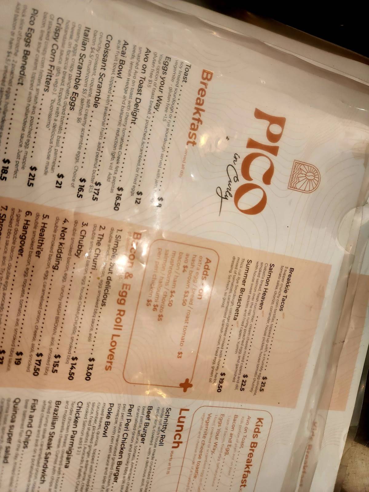 Menu at PICO in Curly cafe, Curl Curl