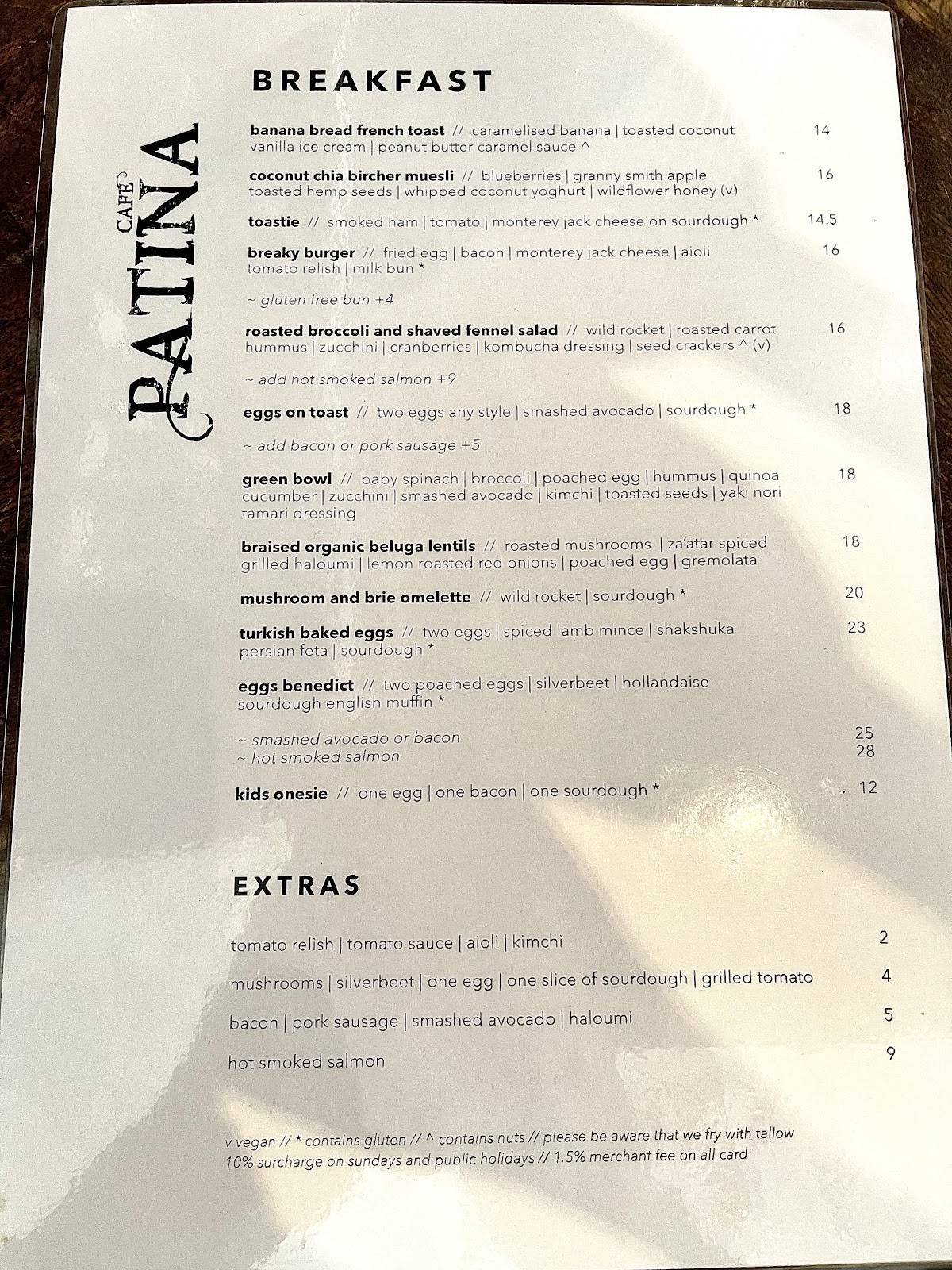 Menu at Cafe Patina, Wahroonga, 64 Coonanbarra Rd