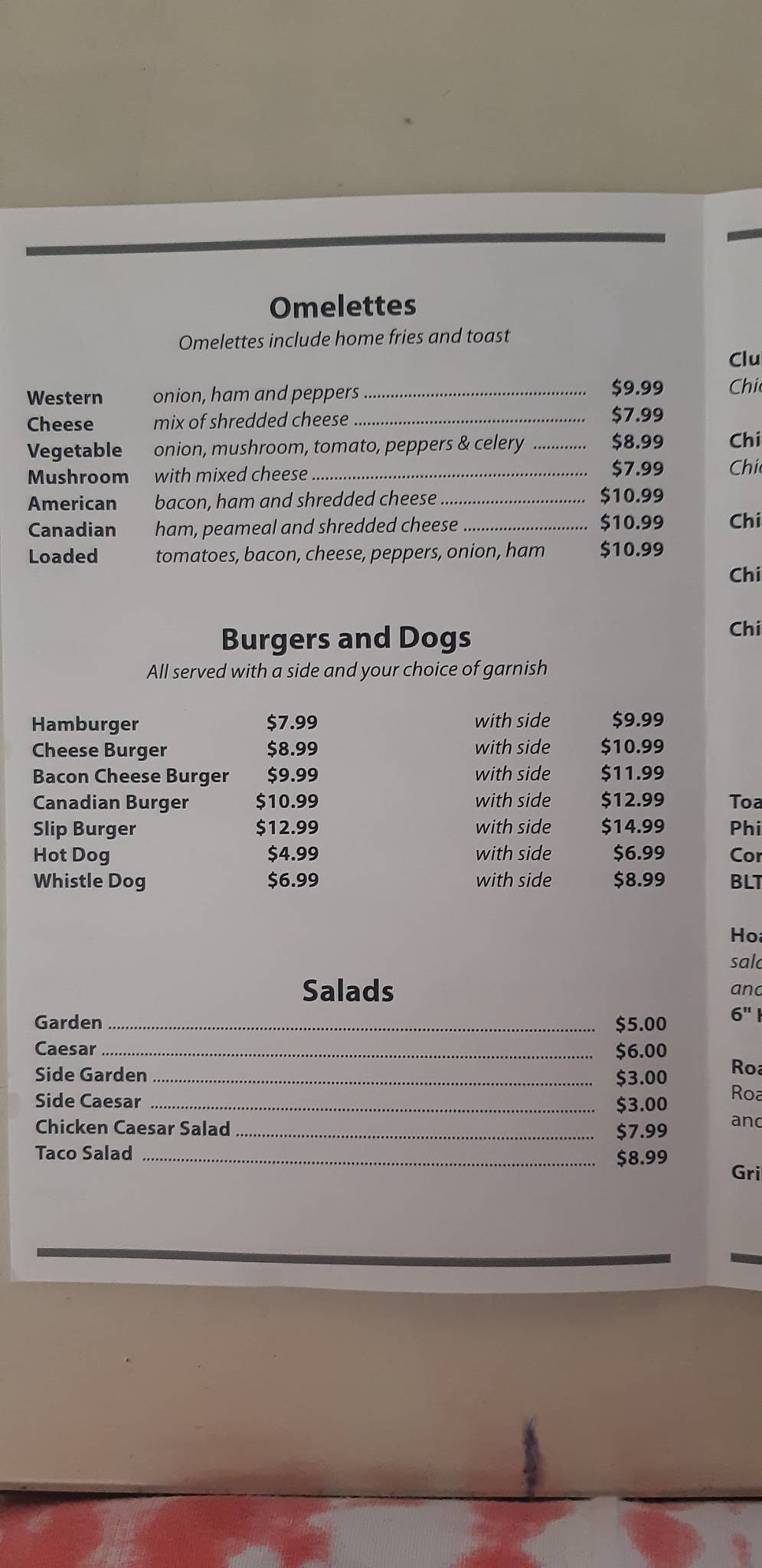 Menu at Port Cafe, Port McNicoll