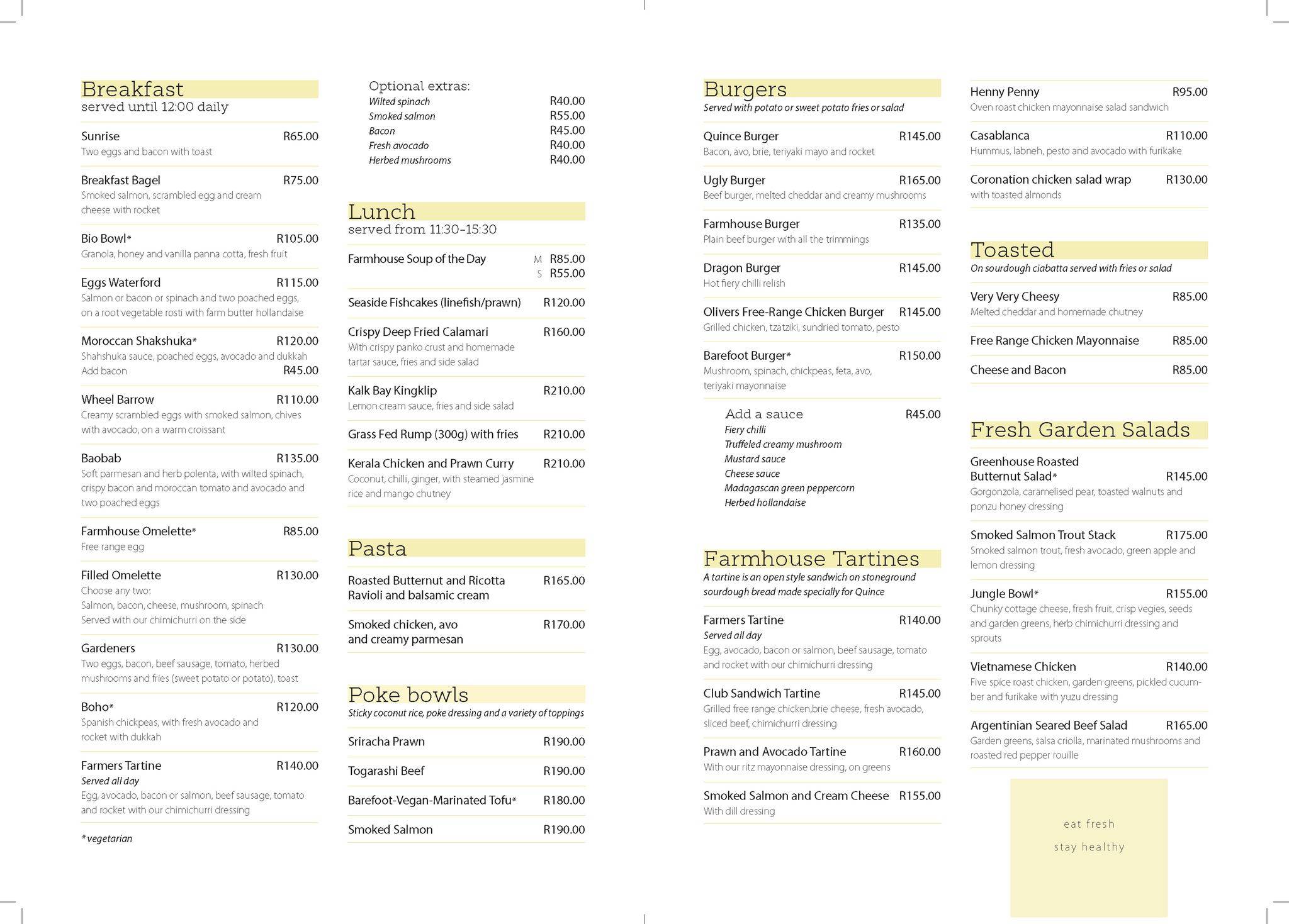 Menu at Quince Restaurant & Deli, Cape Town