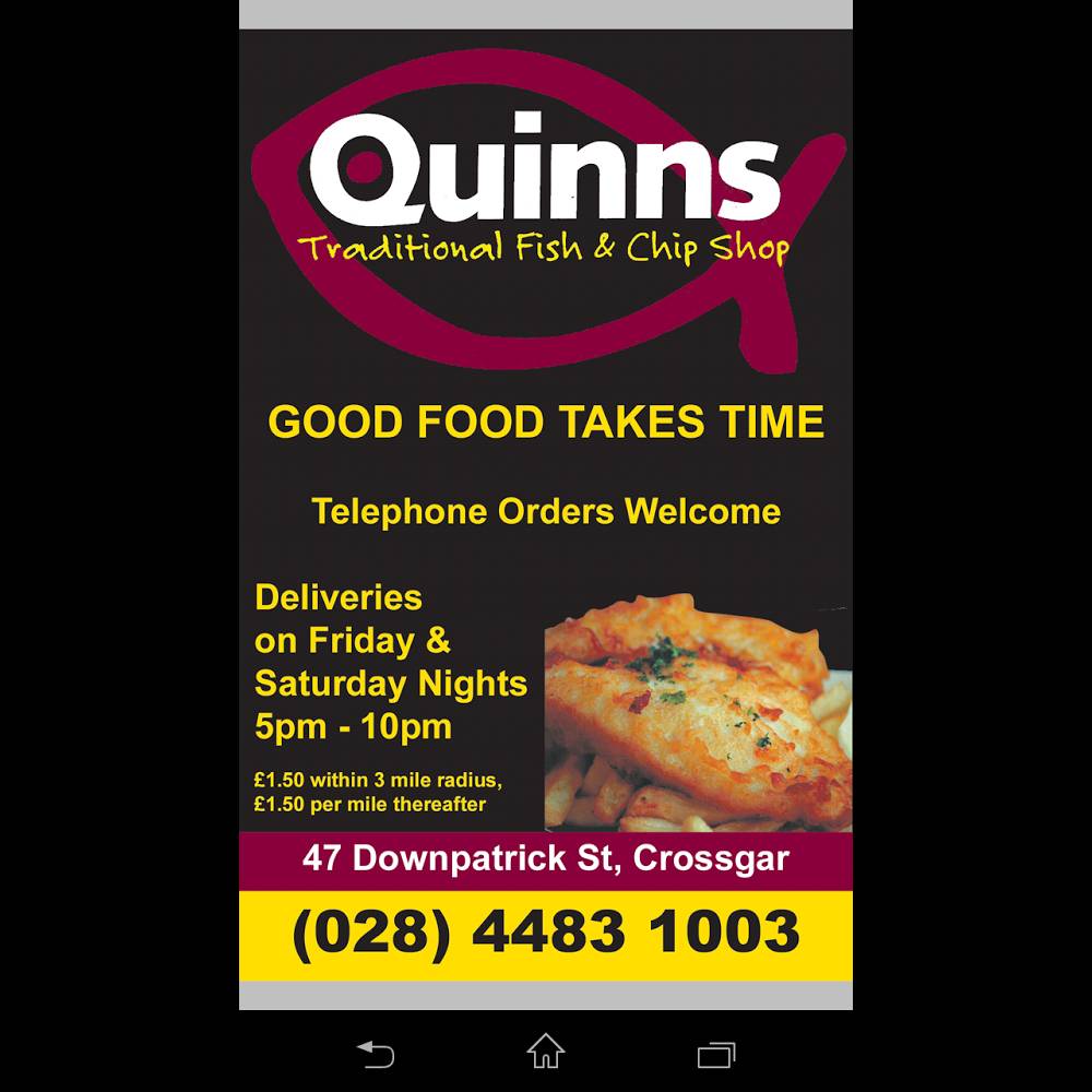 Menu at Quinn's fast food, Crossgar