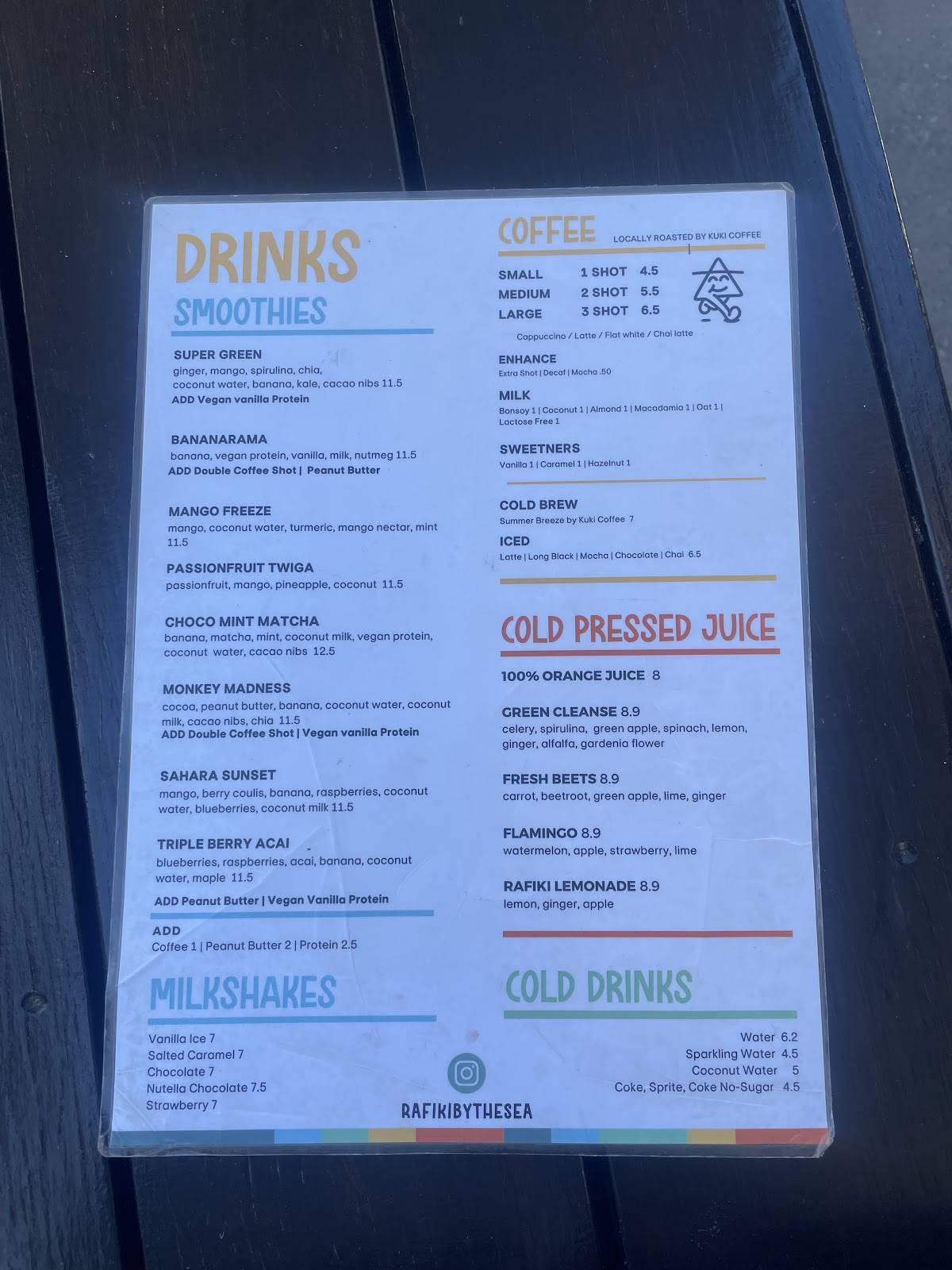 Menu at Rafiki cafe, Mermaid Beach