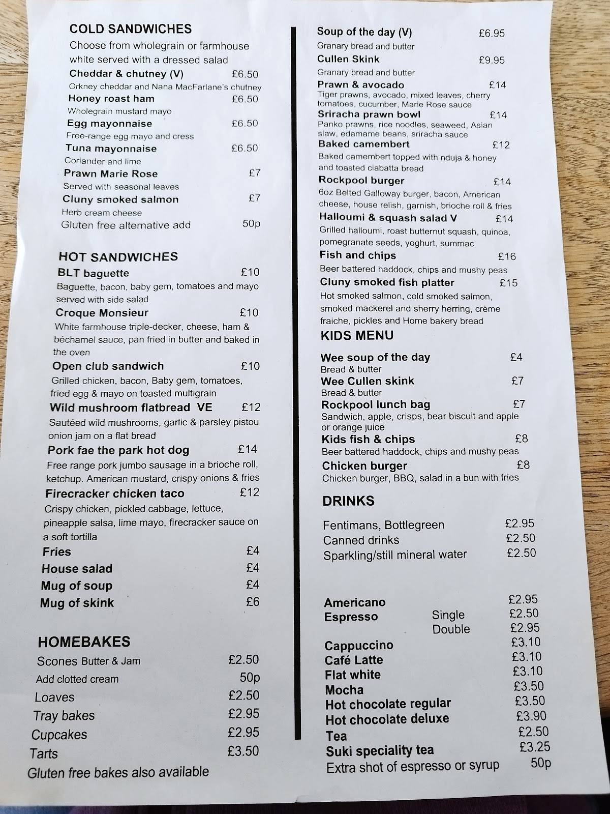 Menu at Rockpool Cafe, Cullen
