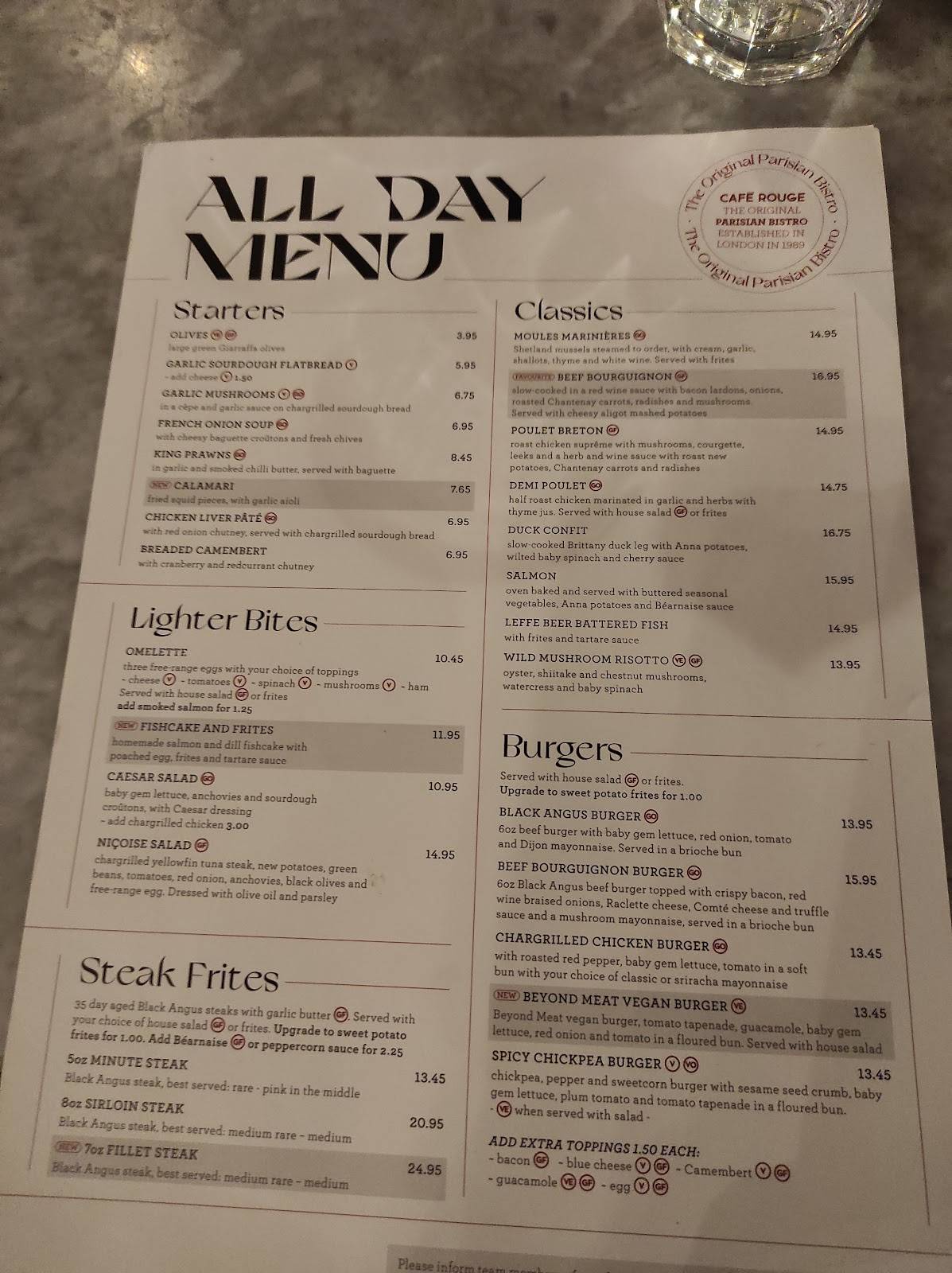 Menu at Café Rouge restaurant, Windsor, Thames St