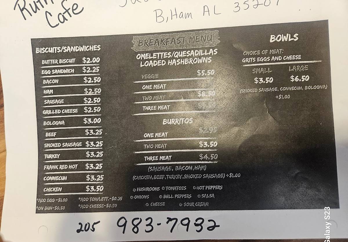 Menu at Ruth's Cafe, Birmingham