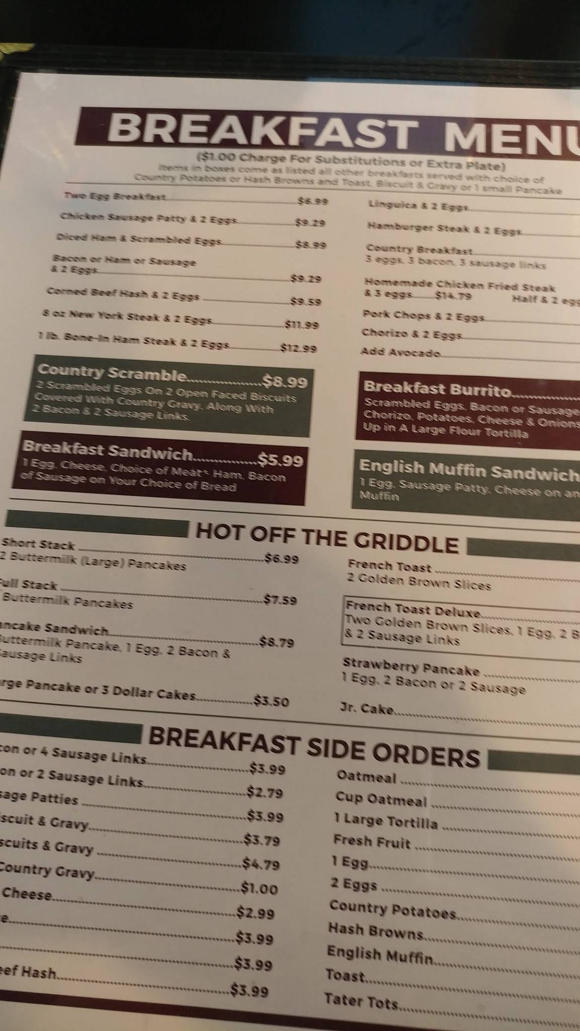 Menu at Sam's Cafe, Malkapur