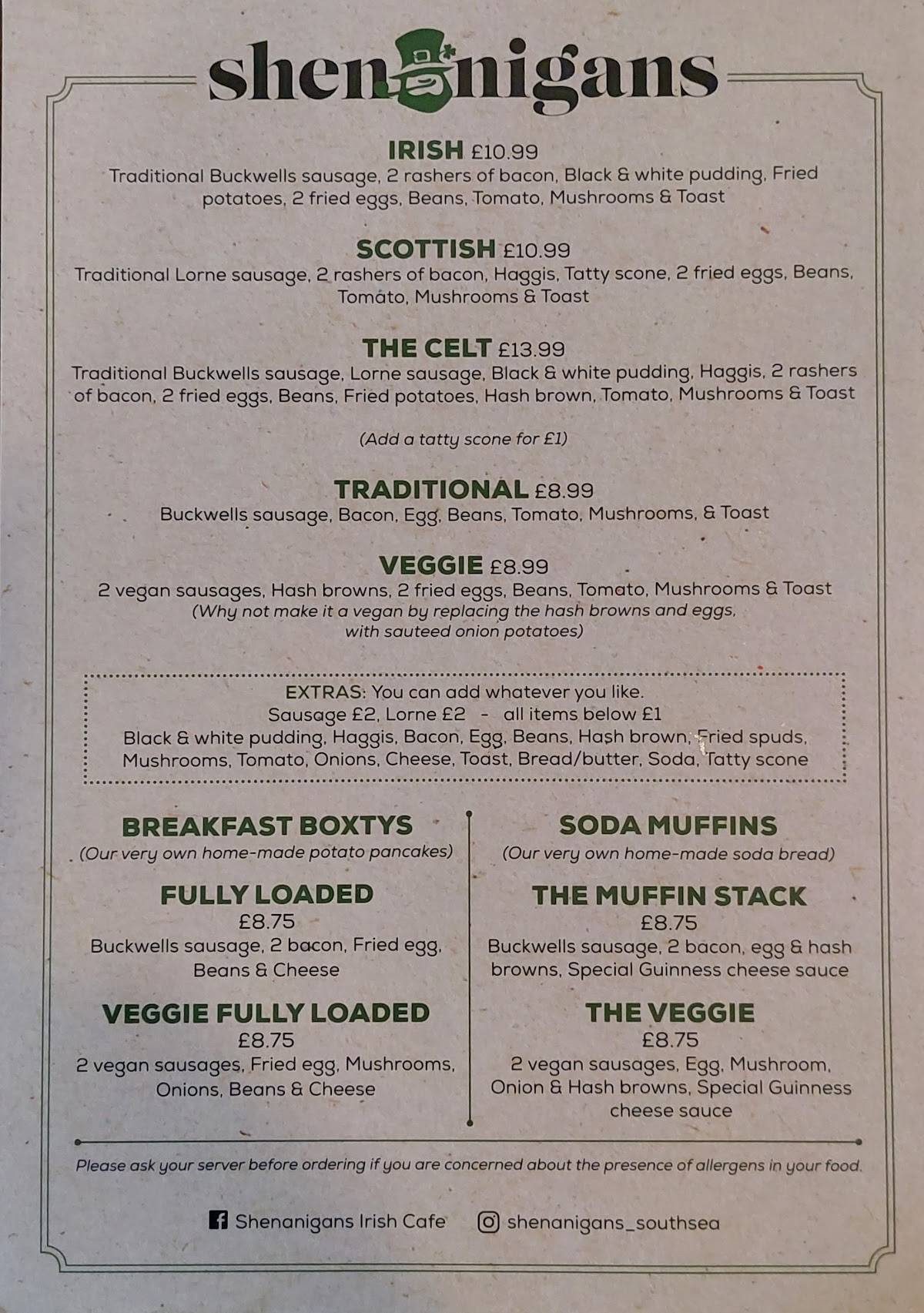 Menu at Shenanigans cafe, Portsmouth, 57 Osborne Rd