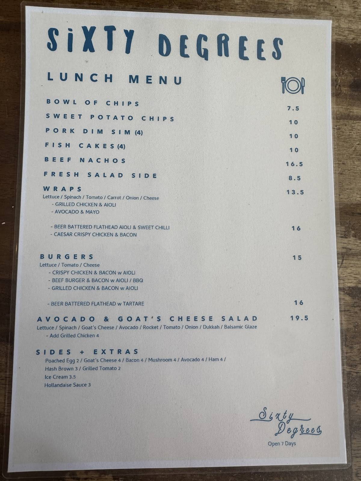 Menu at Sixty Degrees South West Rocks cafe, South West Rocks