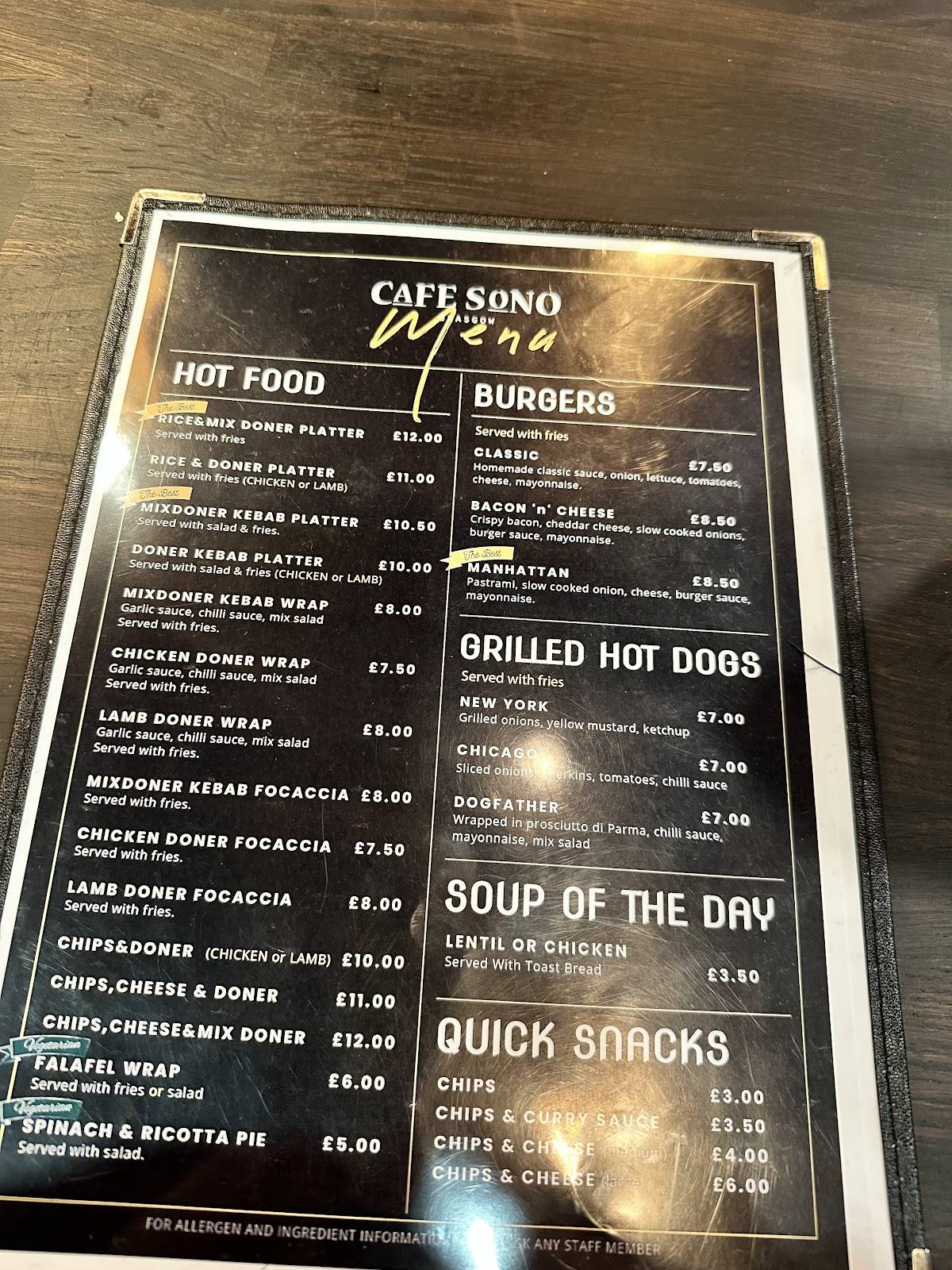 Menu at Cafe Sono, Glasgow