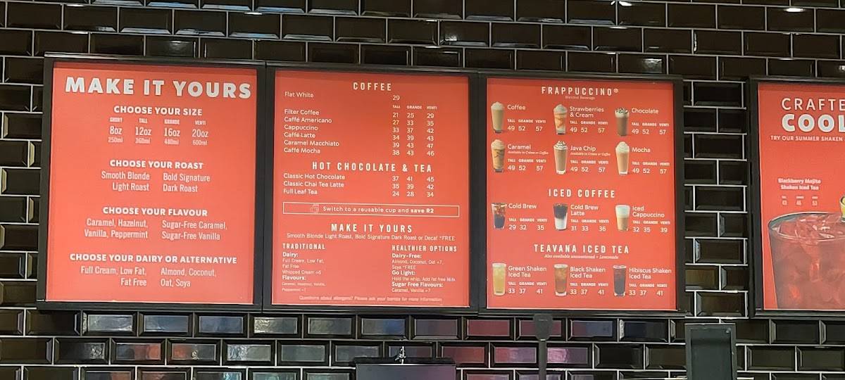 Menu at Starbucks Canal Walk cafe, Cape Town
