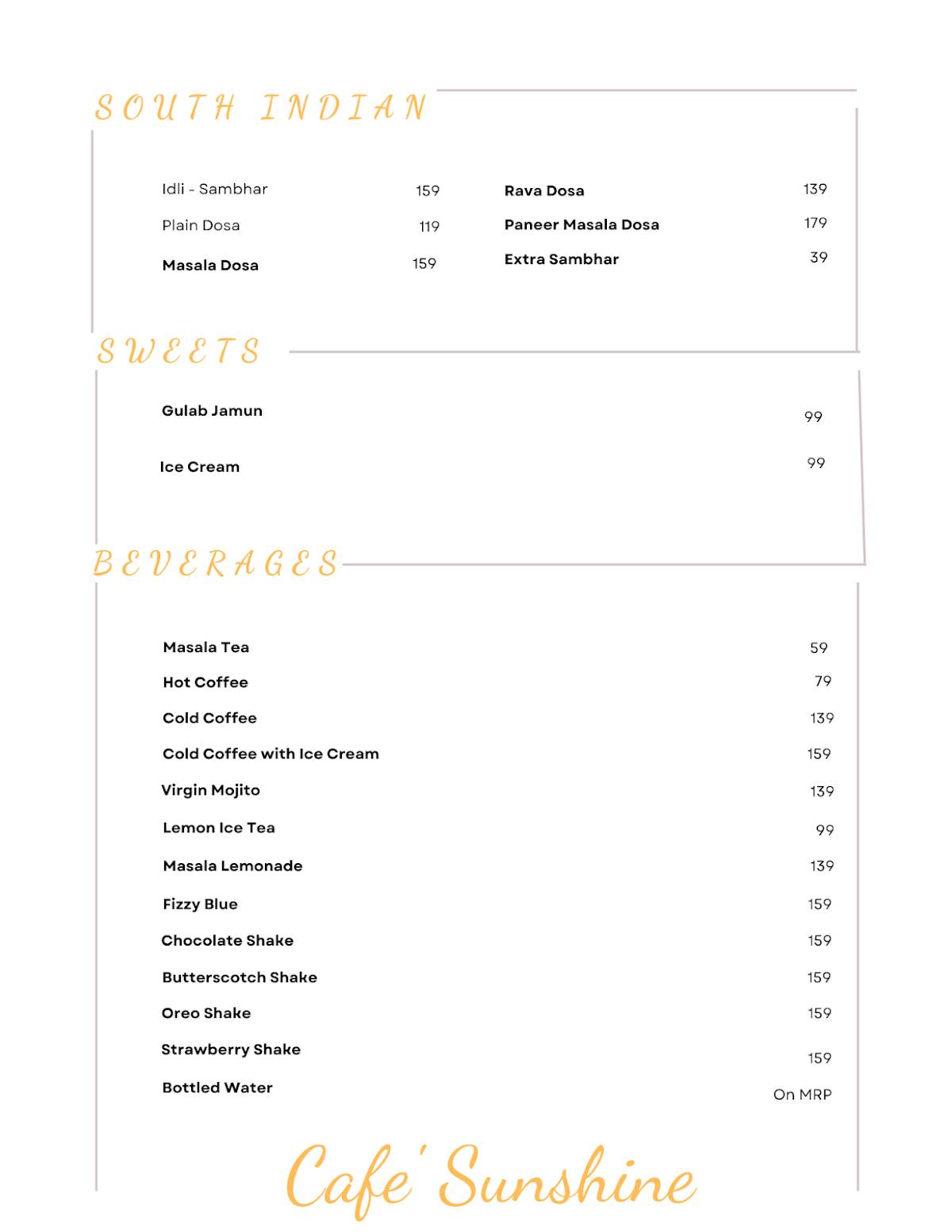 Menu at Cafe Sunshine Noida, Noida