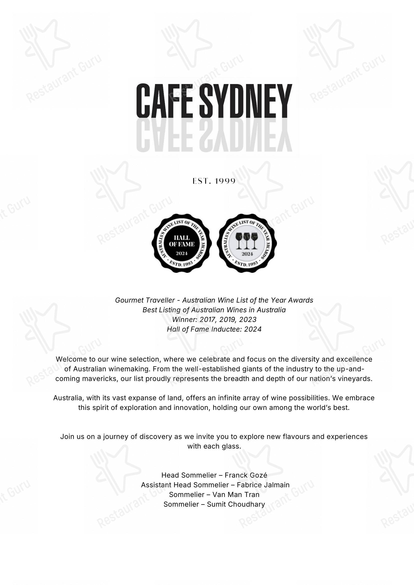 Menu at Cafe Sydney, Sydney, Level 5 Customs House