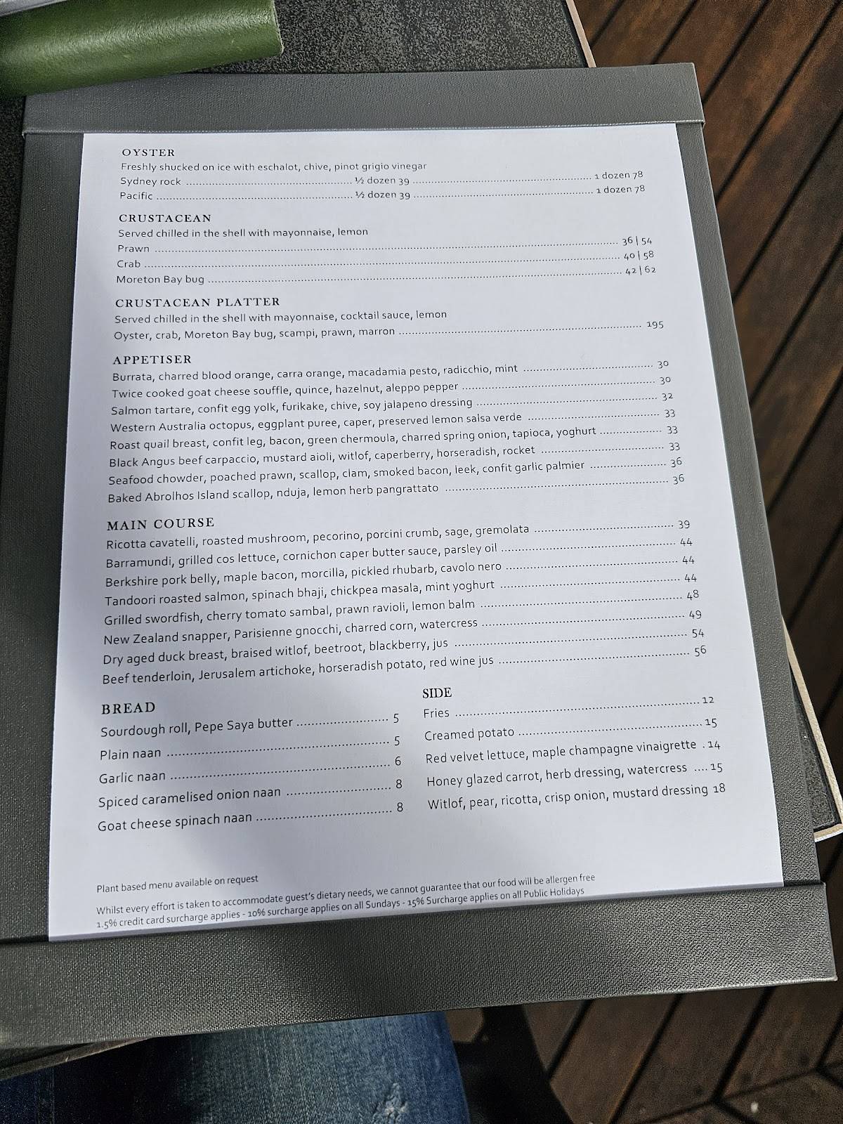 Menu at Cafe Sydney, Sydney, Level 5 Customs House