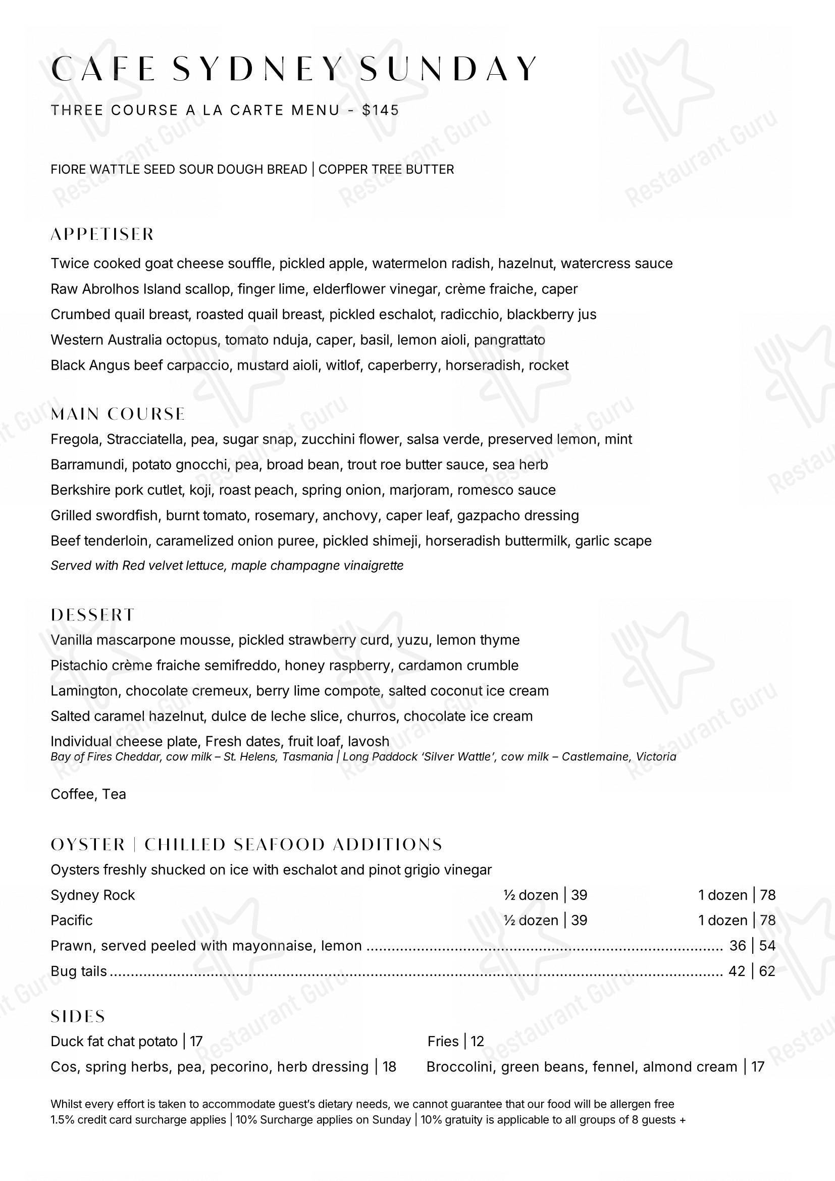 Menu at Cafe Sydney, Sydney, Level 5 Customs House