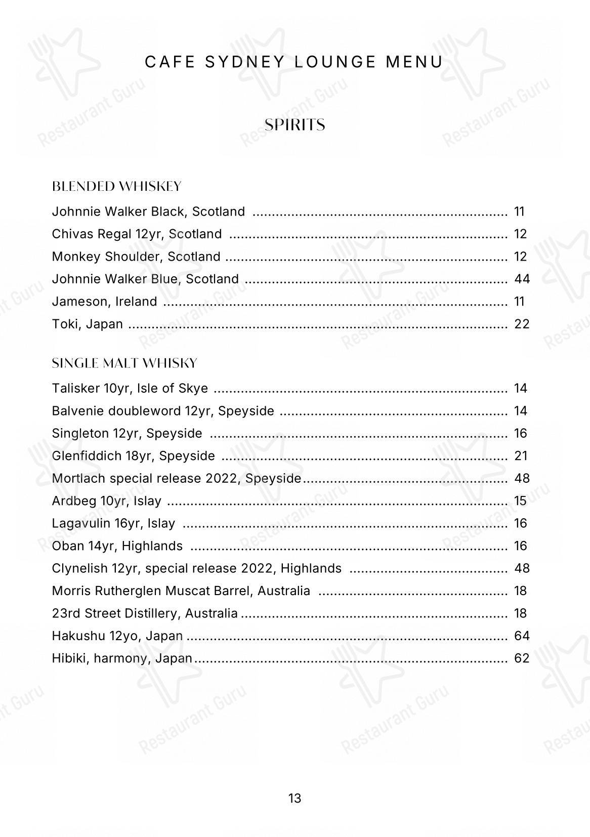 Menu at Cafe Sydney, Sydney, Level 5 Customs House