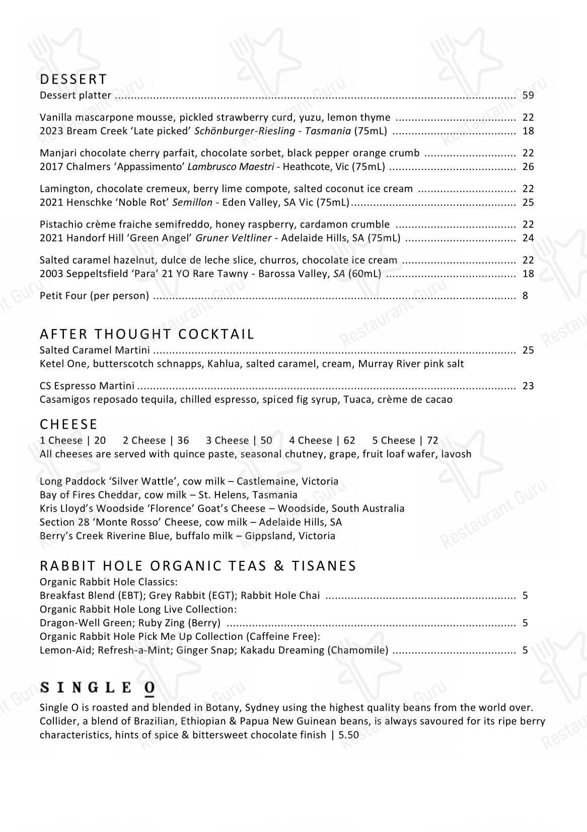 Menu at Cafe Sydney, Sydney, Level 5 Customs House