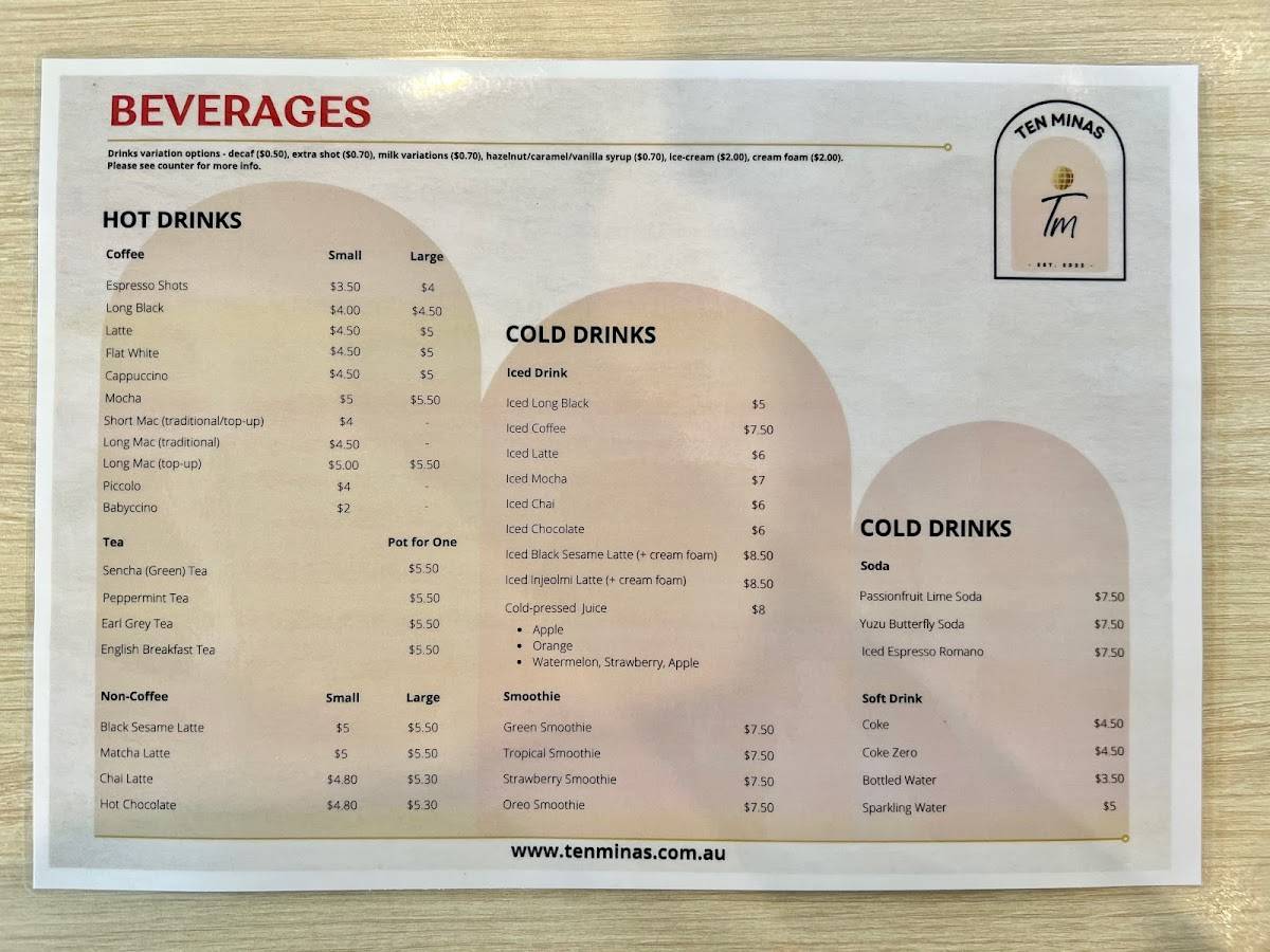 Menu at Ten Minas cafe, Como