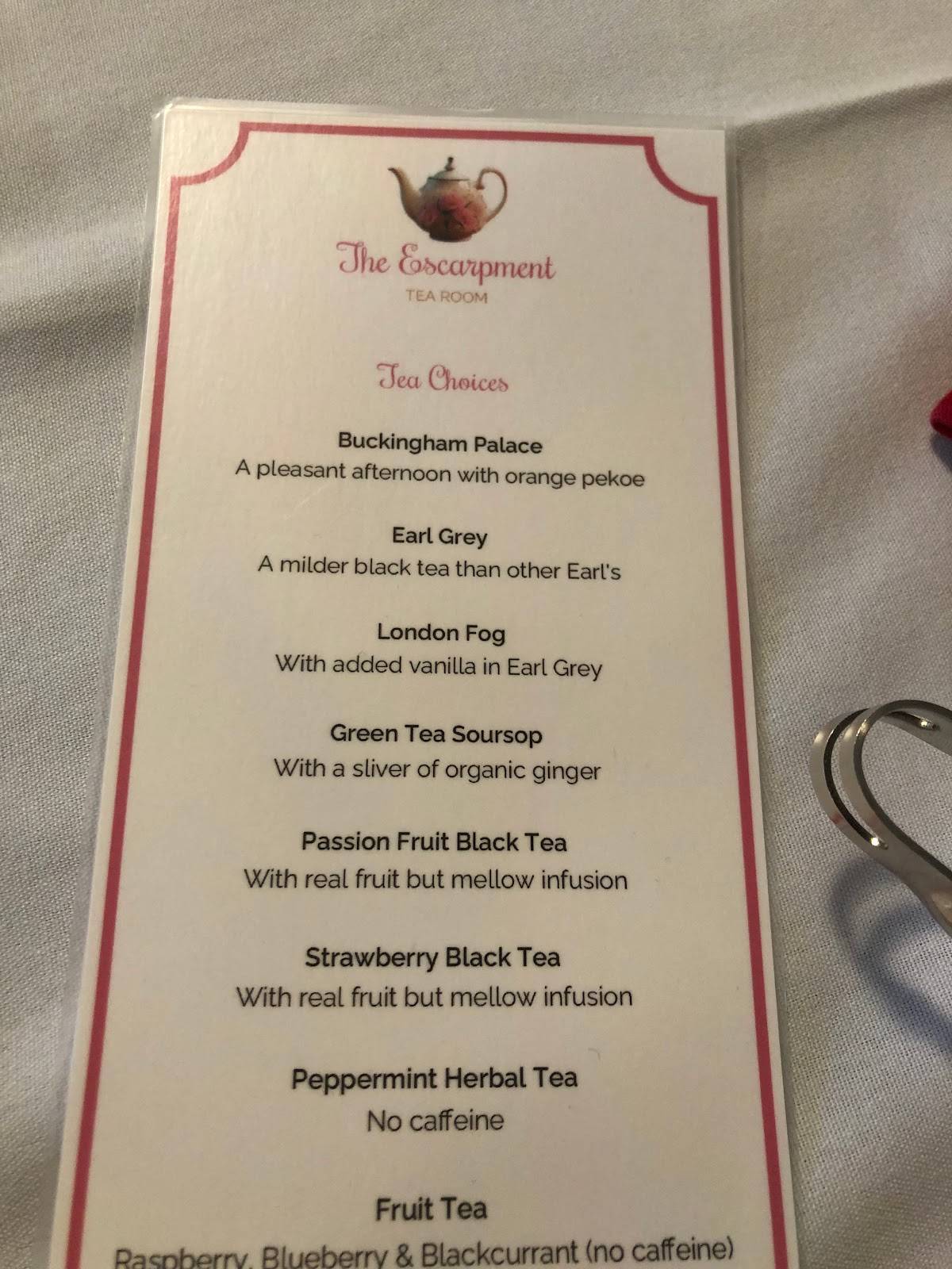 Menu at The Escarpment Tea Room cafe, Milton, 104 Tremaine Rd