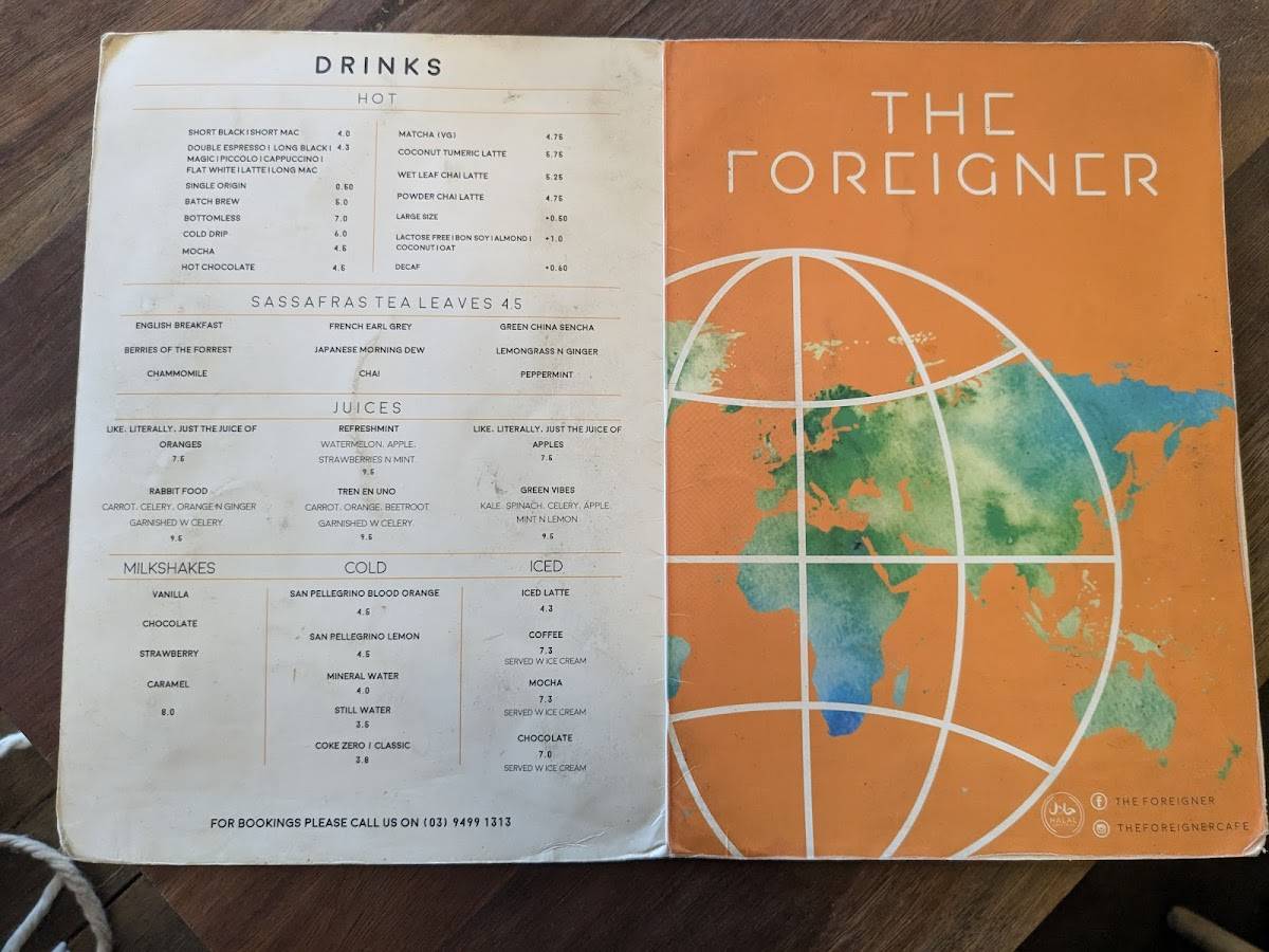 Menu at The Foreigner Café Ivanhoe cafe, Ivanhoe