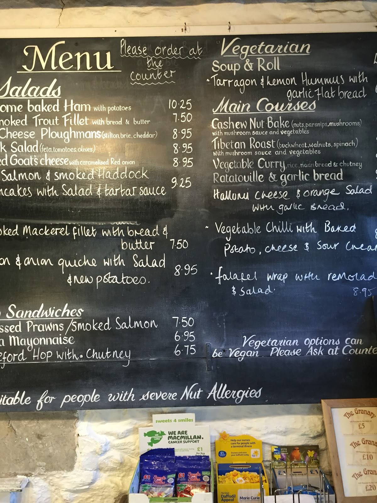 Menu at The Granary cafe, Hay-on-Wye