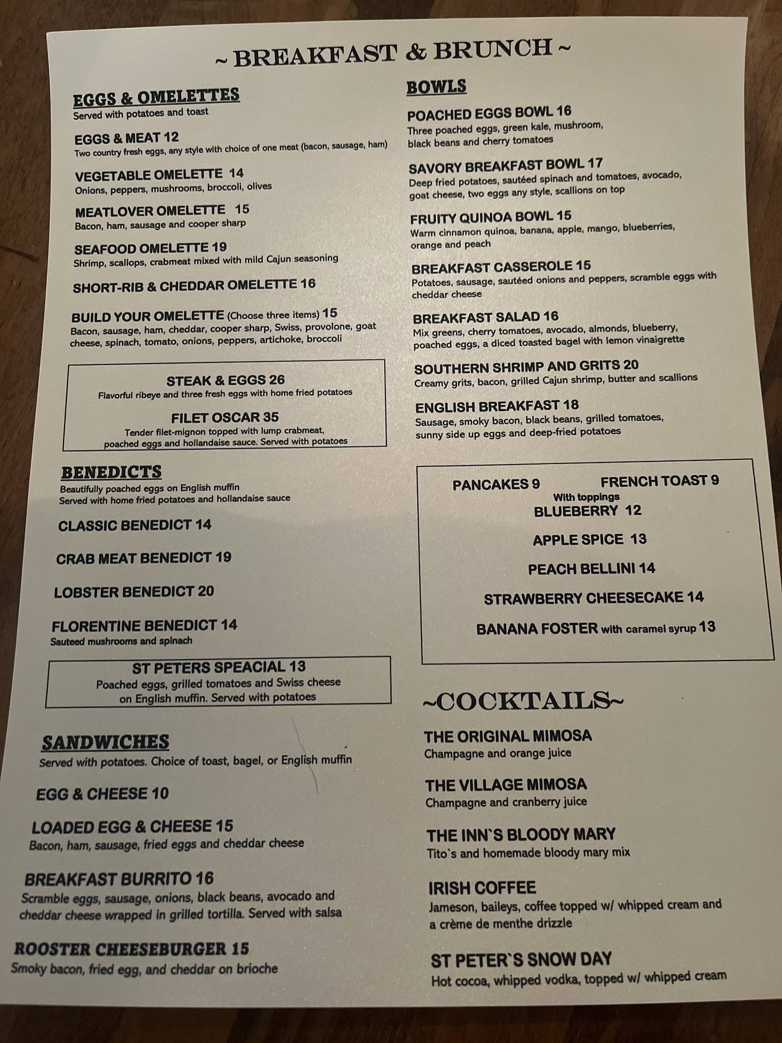 Menu at The Inn at St Peter's Village restaurant, USA