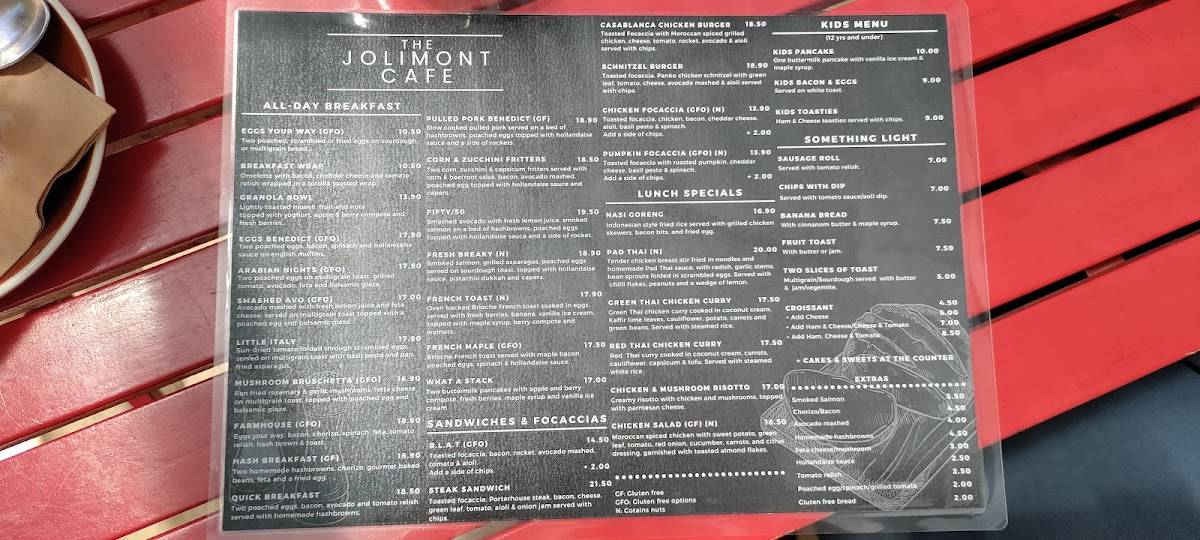 Menu at The Jolimont Cafe, Forest Hill