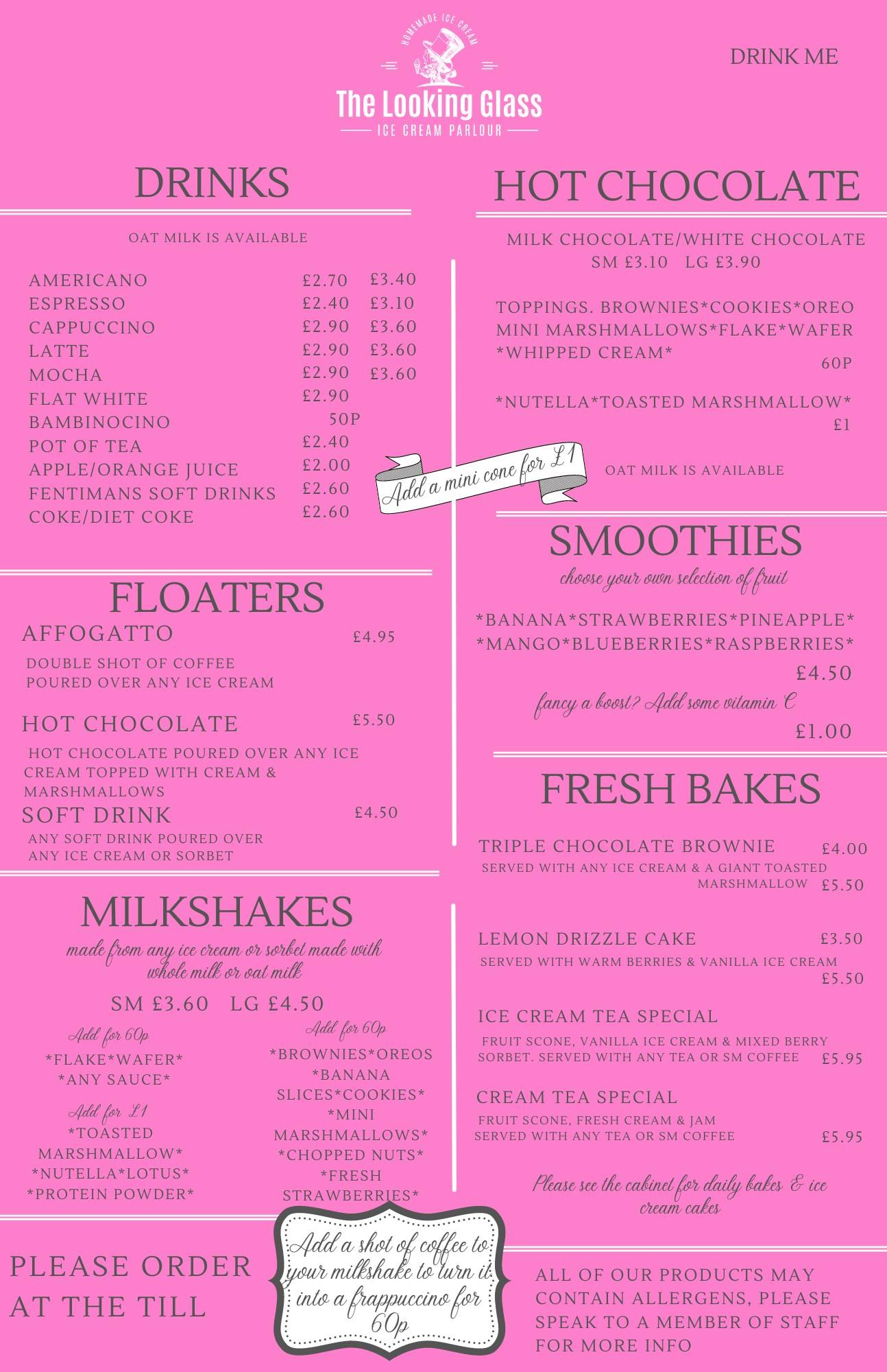 Menu at The Looking Glass cafe, Llandudno