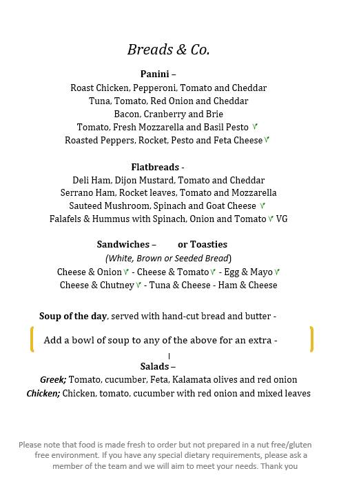 Menu at The Old Engine House cafe, Carlisle