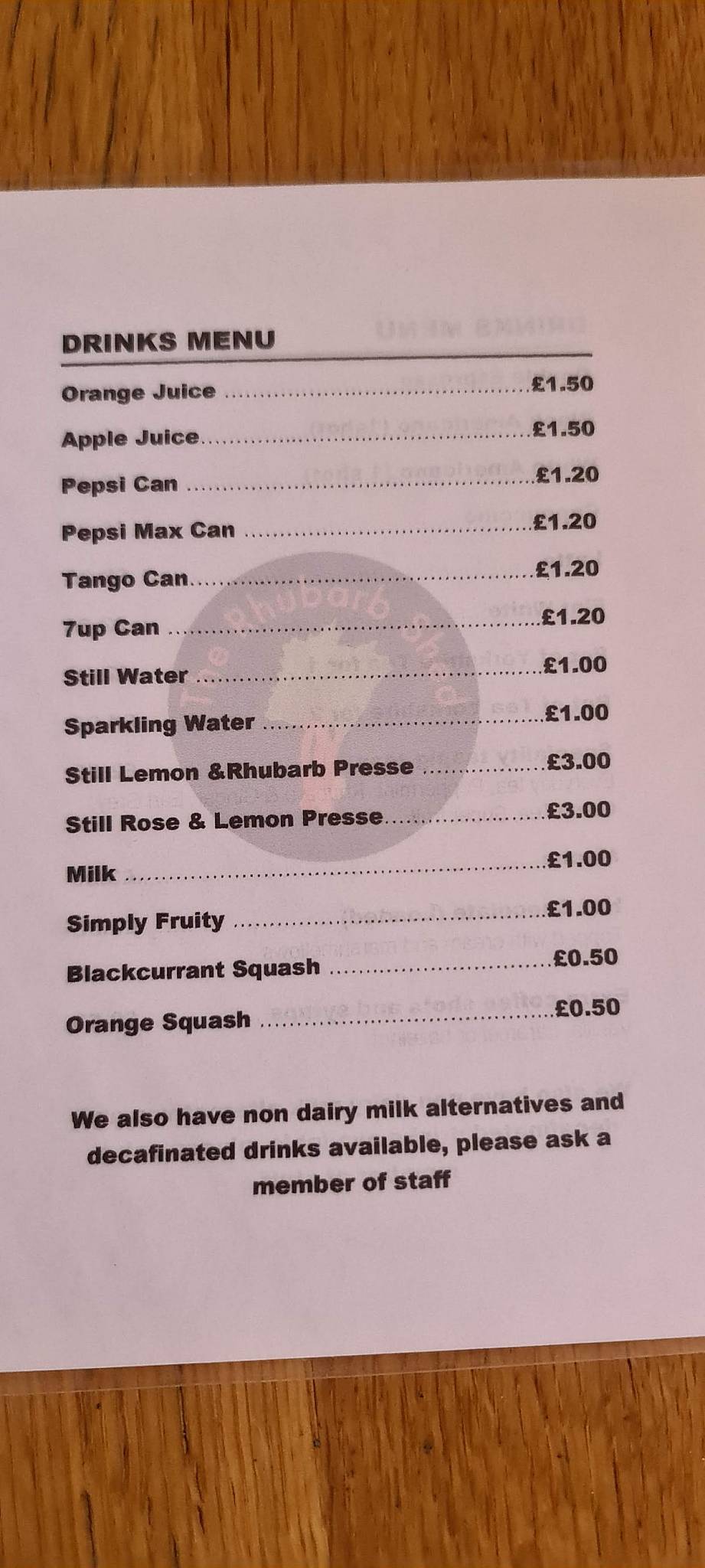 Menu at The Rhubarb Shed Cafe, Sheffield