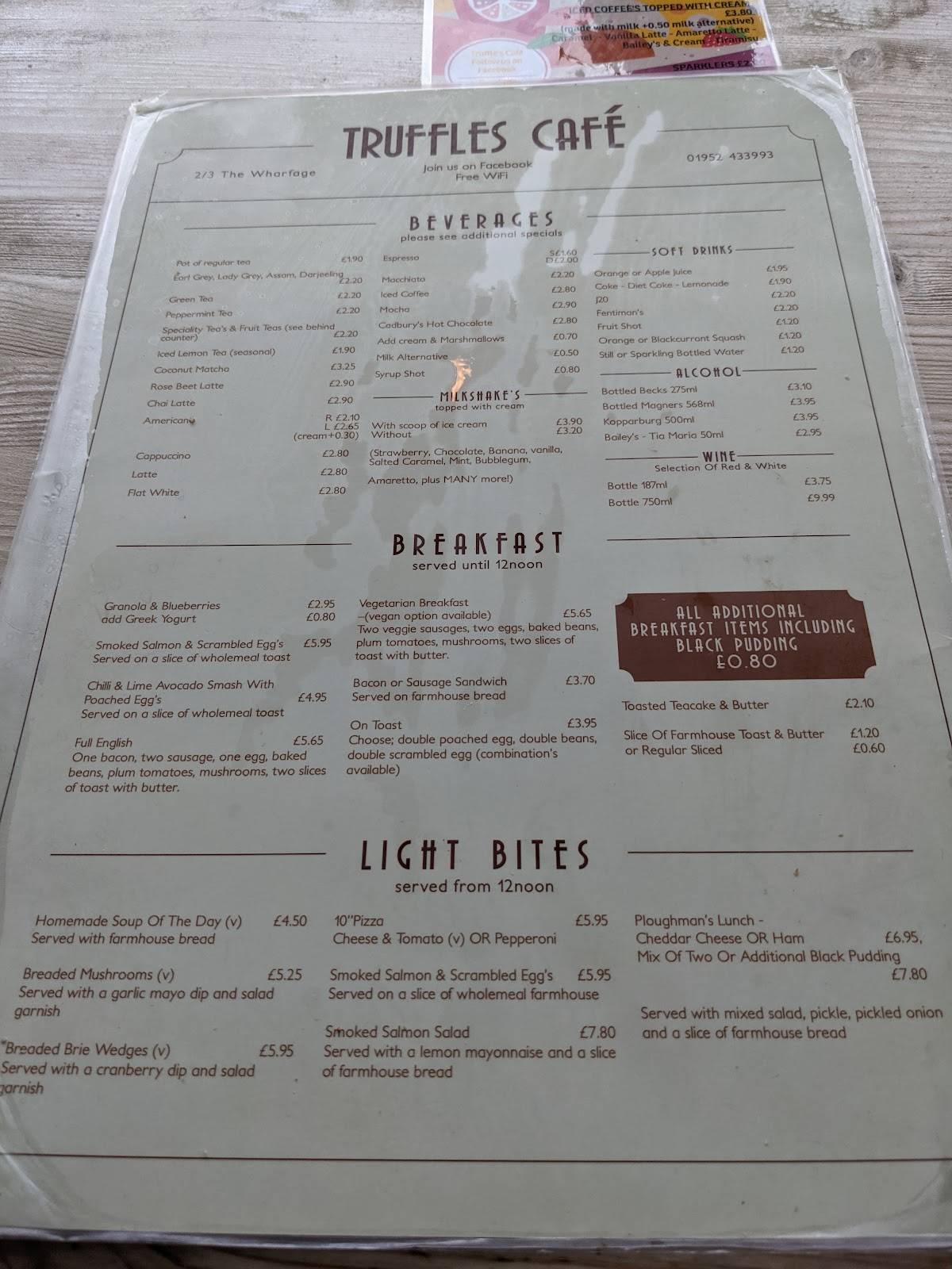 Menu at Truffles Cafe, Telford