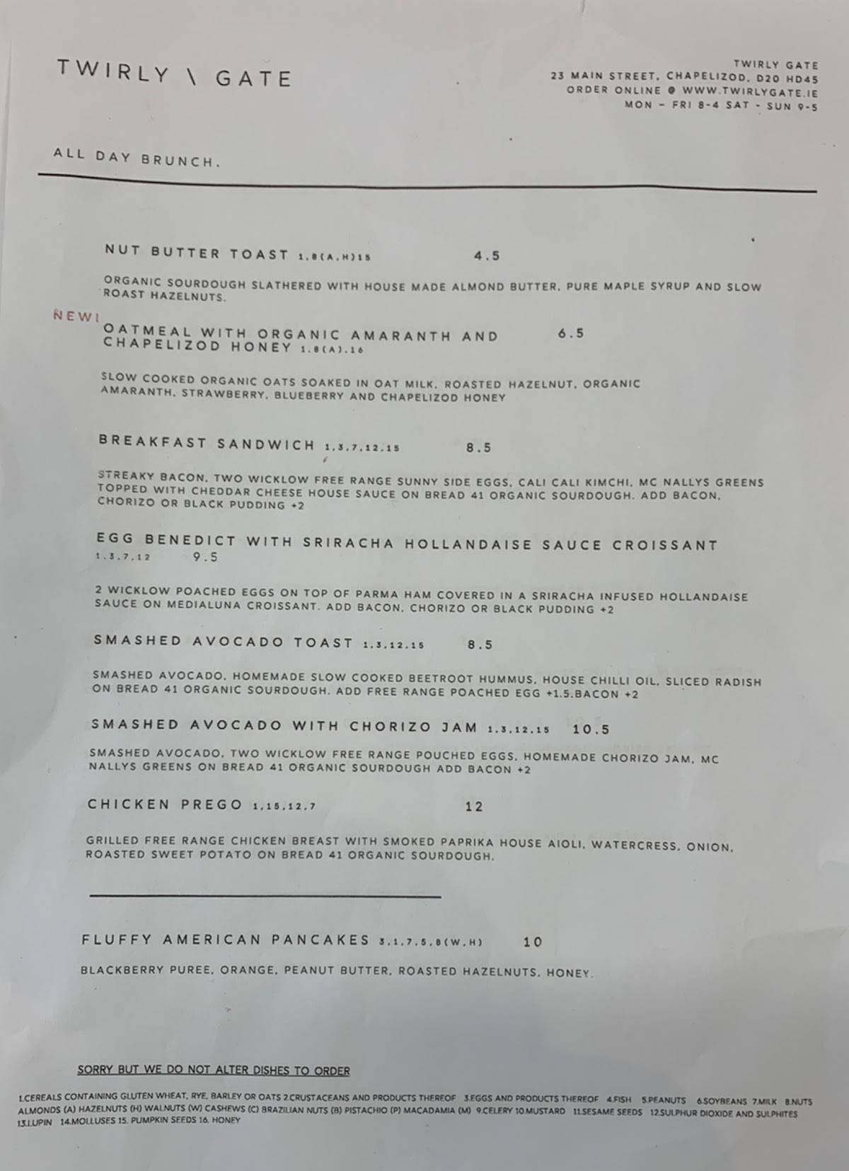 Menu at Twirly Gate cafe, Dublin