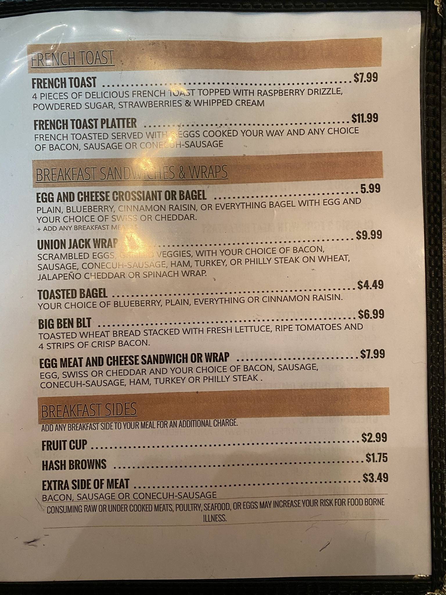 Menu at Union Jack Cafe, Rainbow City