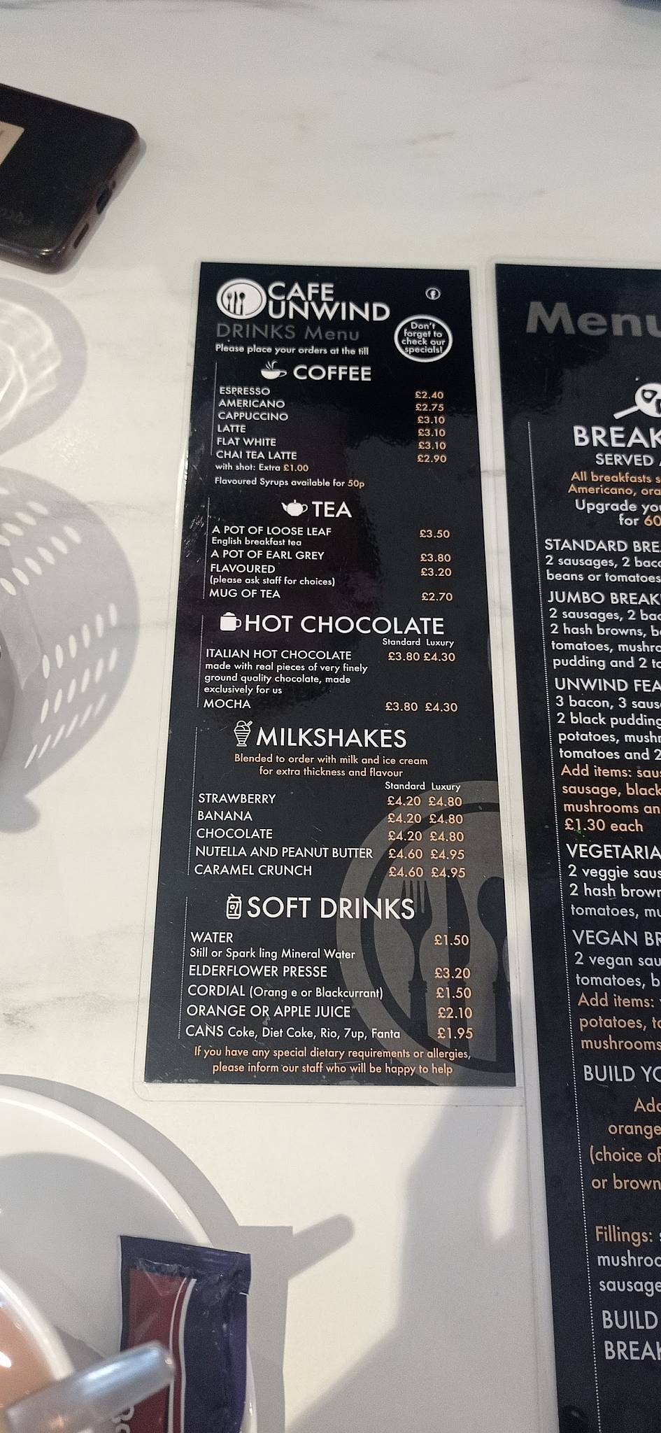 Menu at Cafe Unwind, Llantwit Major
