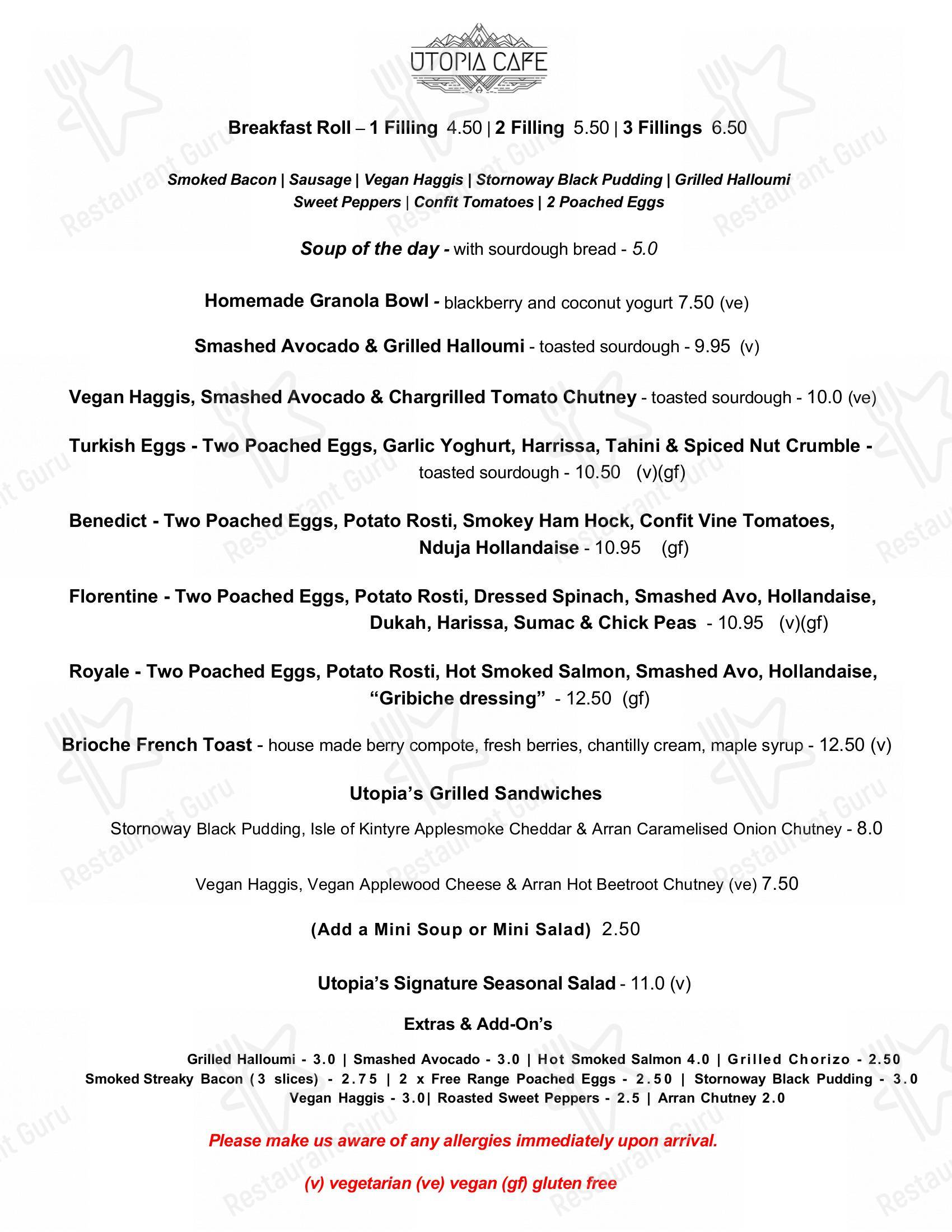 Menu at Utopia Cafe, Inverness