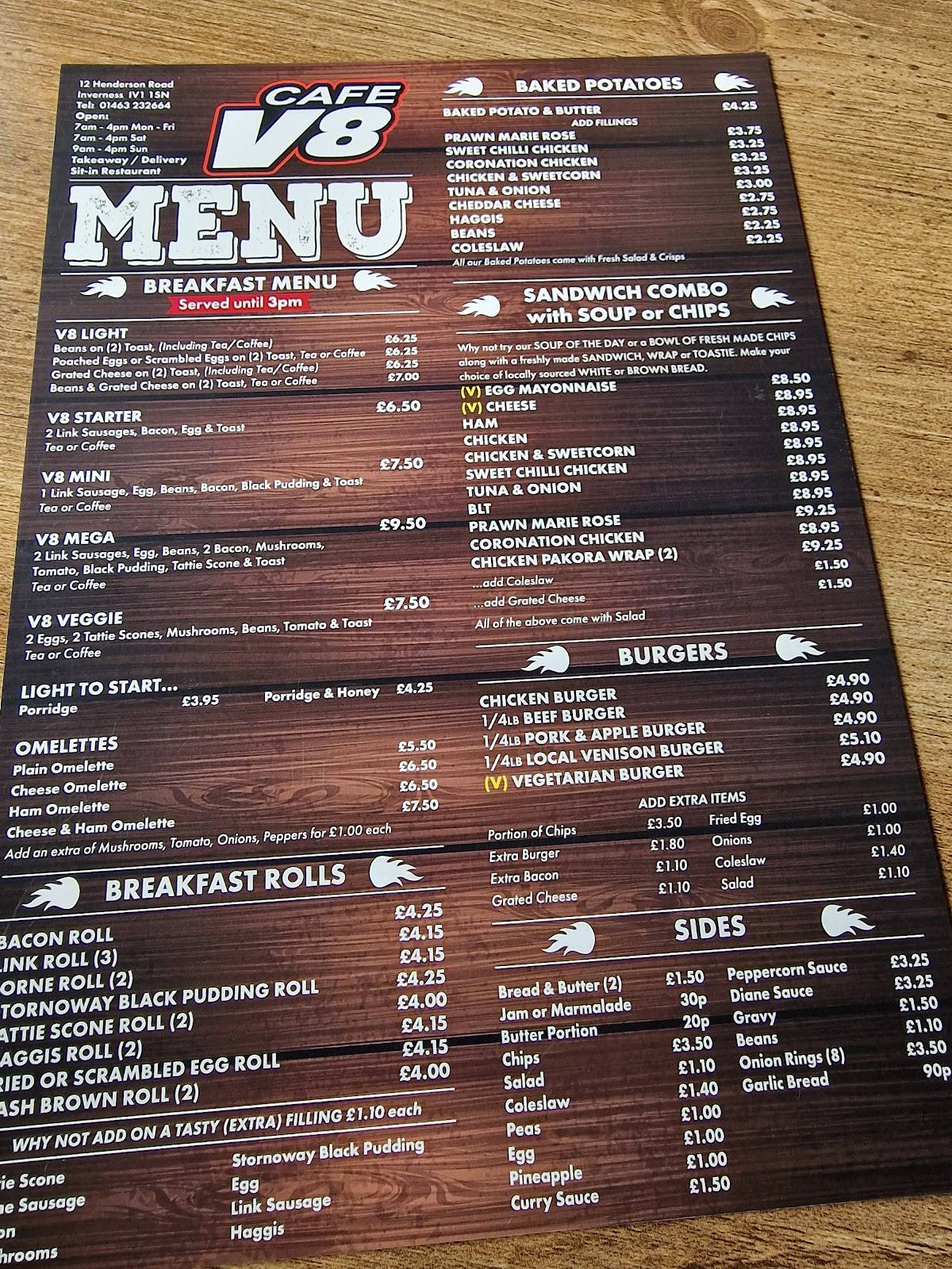 Menu at Café V8 cafe, Inverness